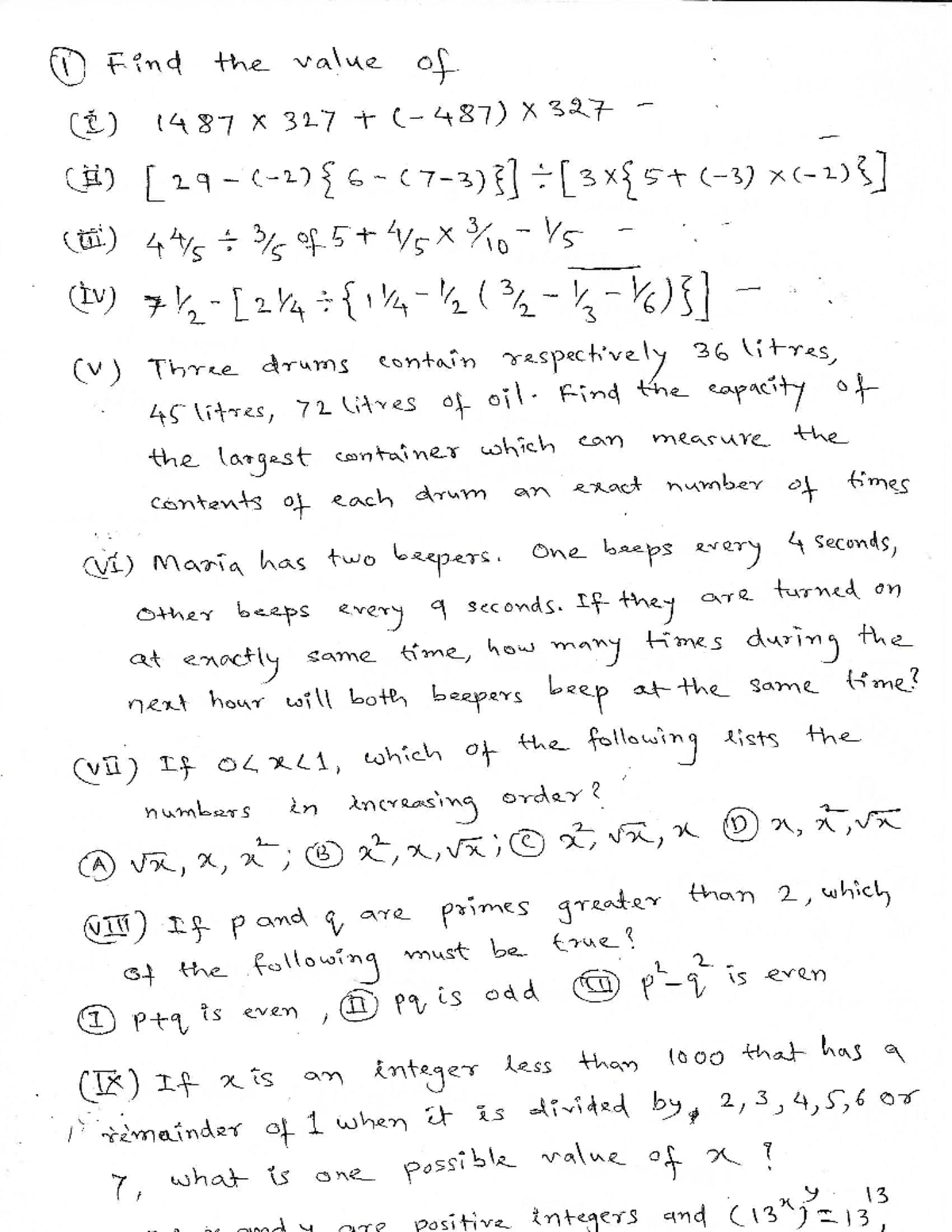 Math Worksheet #1 - MATH WS FOR SAT - I Find the value of (i) 1487 X ...