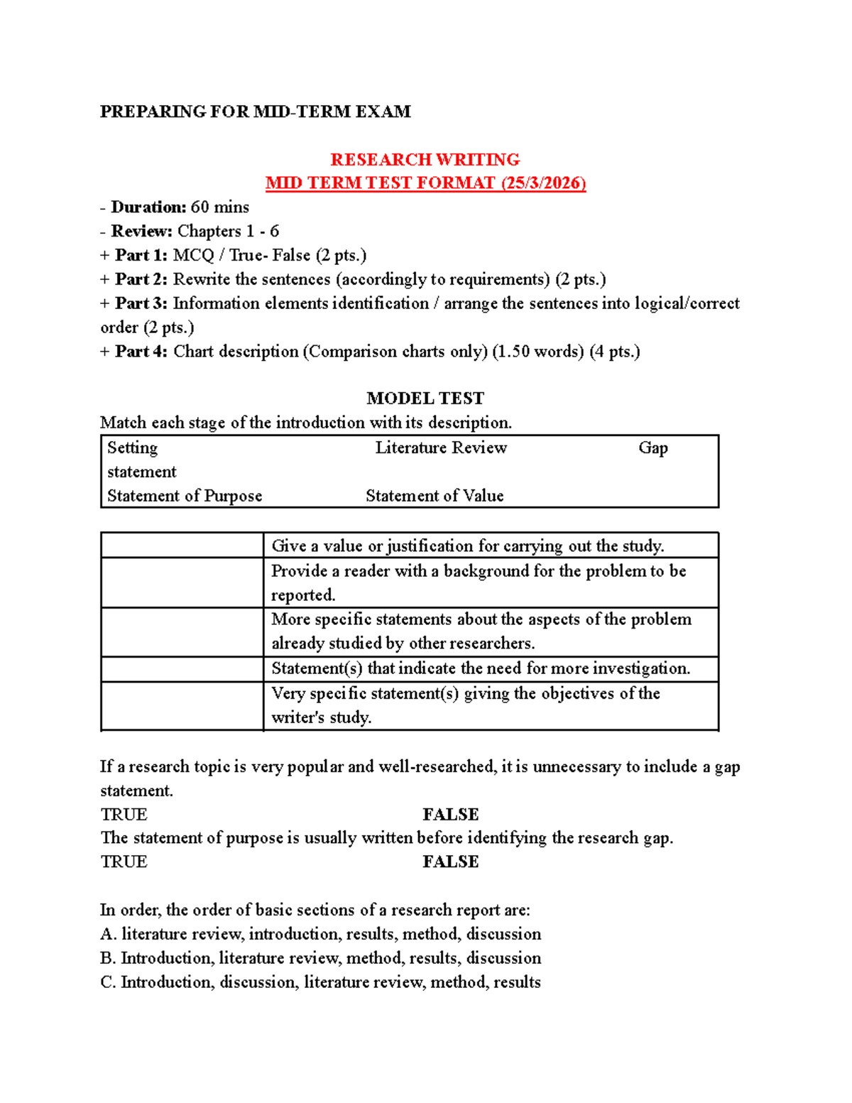 Research Writing Mid-Term Exam Preparation - Studocu