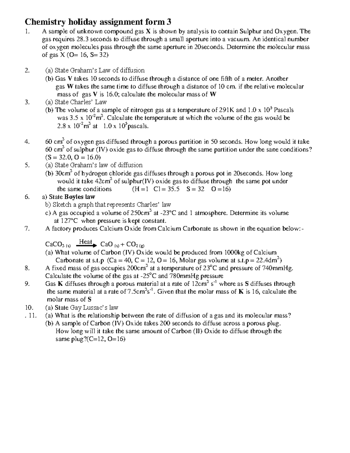 Chemistry Revision: Gas Diffusion and Molecular Mass Calculations - Studocu