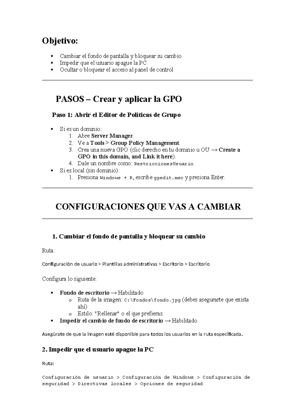 Configuración de GPO para restringir cambios en el escritorio Wserver ...