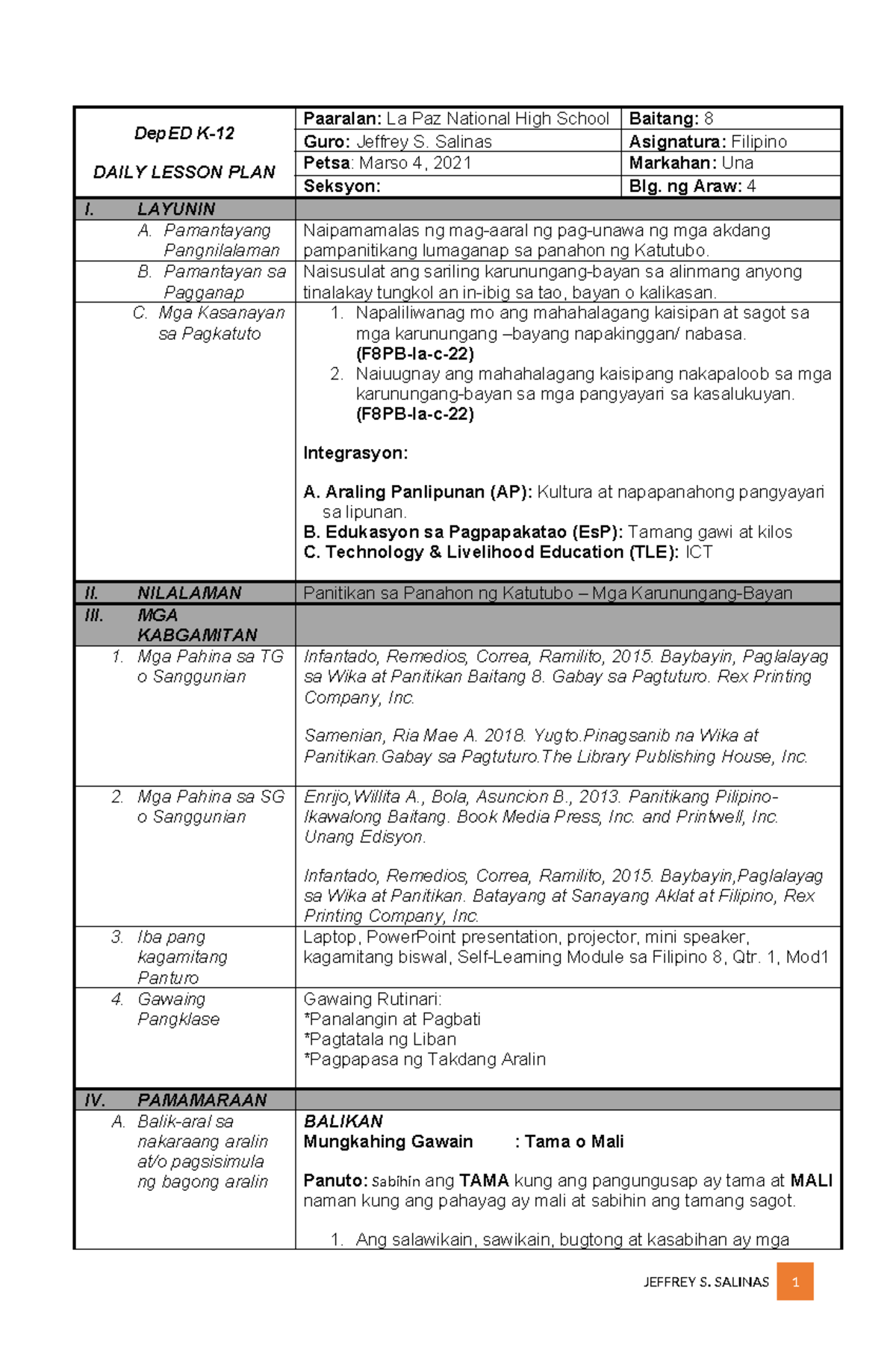 Filipino 8: Daily Lesson Plan on Wika at Panitikan (Marso 4, 2021 ...