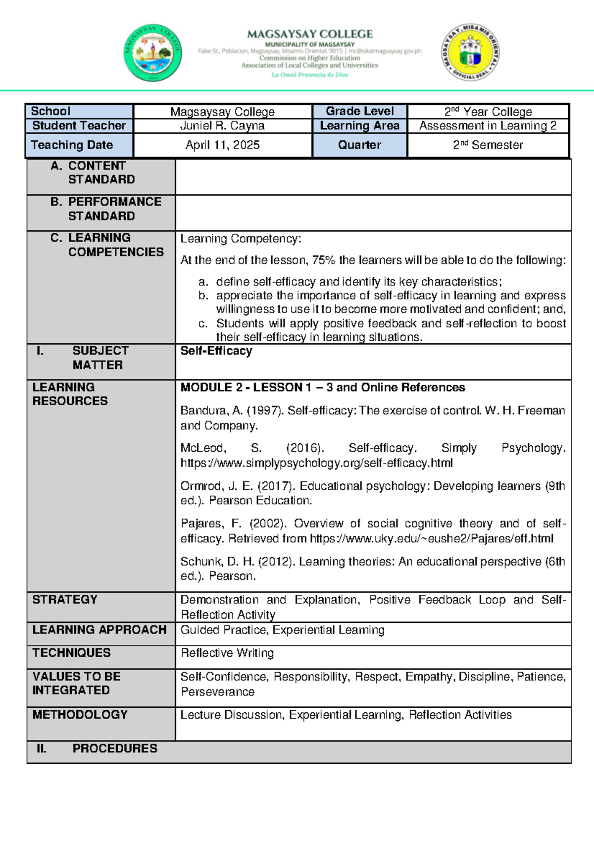 BPEd 2A Lesson Plan: Enhancing Student Self-Efficacy and Motivation ...