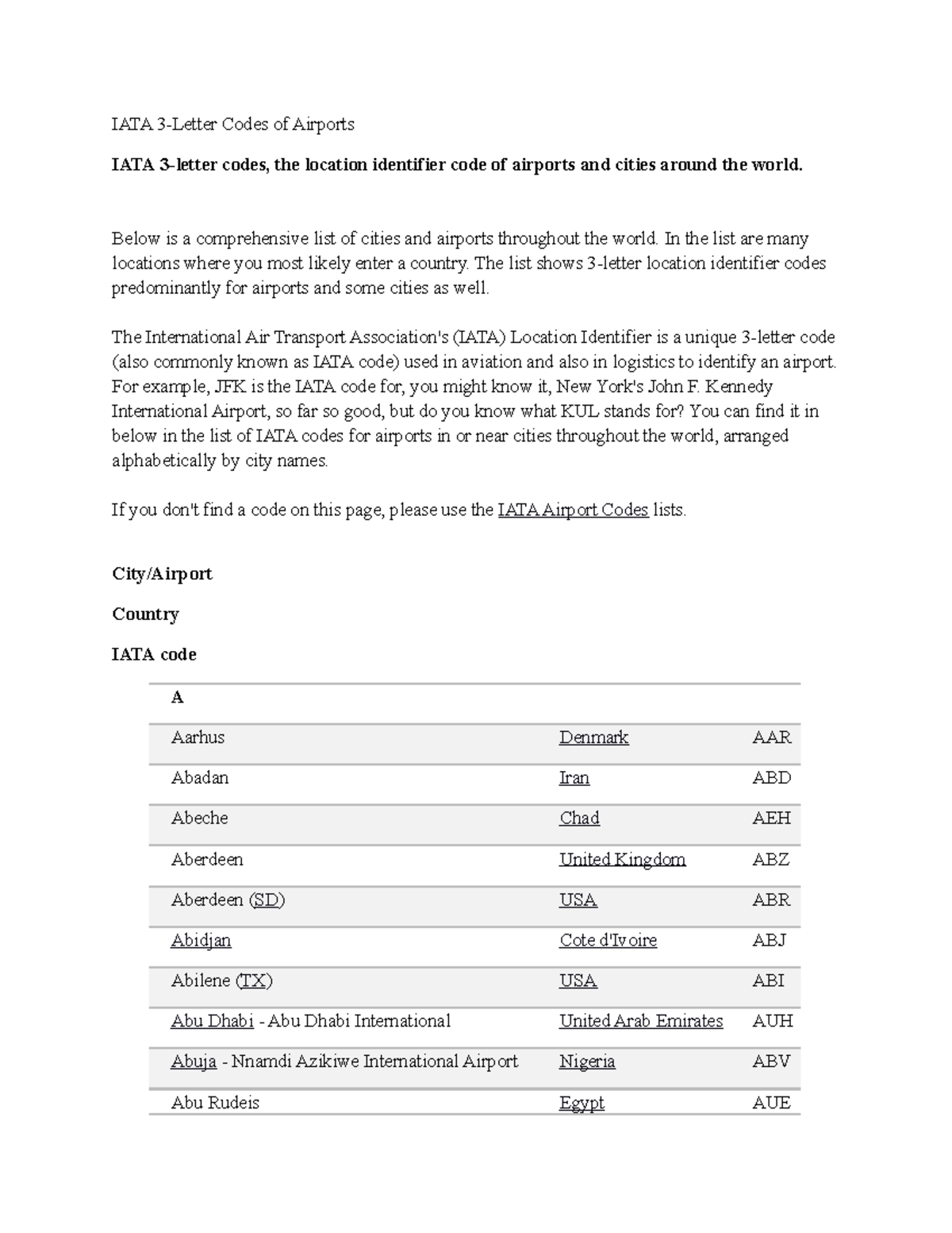 IATA 3-Code Airport Listing - Comprehensive Guide - Studocu