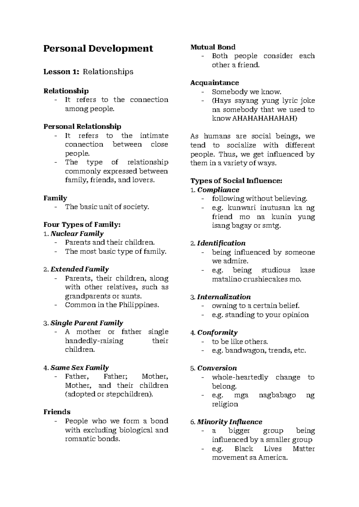 Personal Development (PD100) - Lesson Notes on Relationships and ...