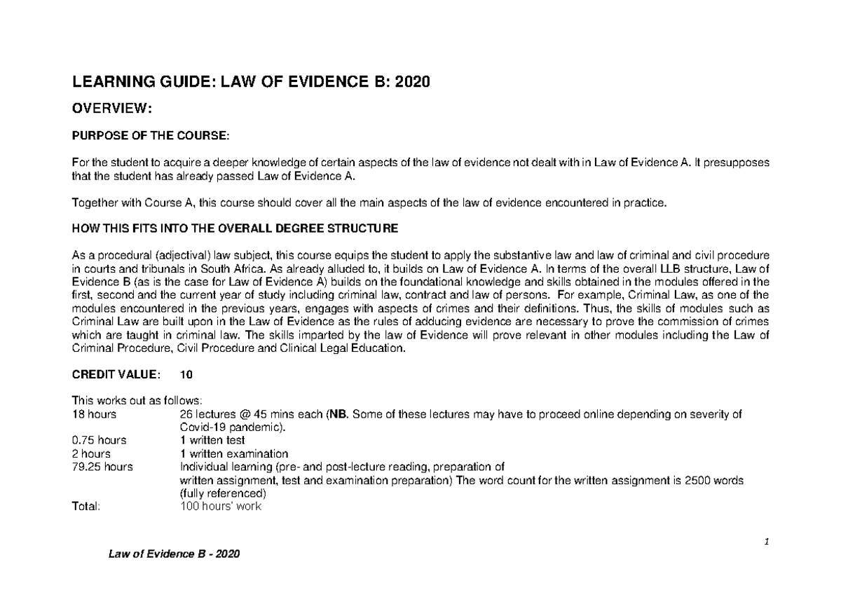 Learning Guide: LAW OF EVIDENCE B 2020 Overview & Key Outcomes - Studocu
