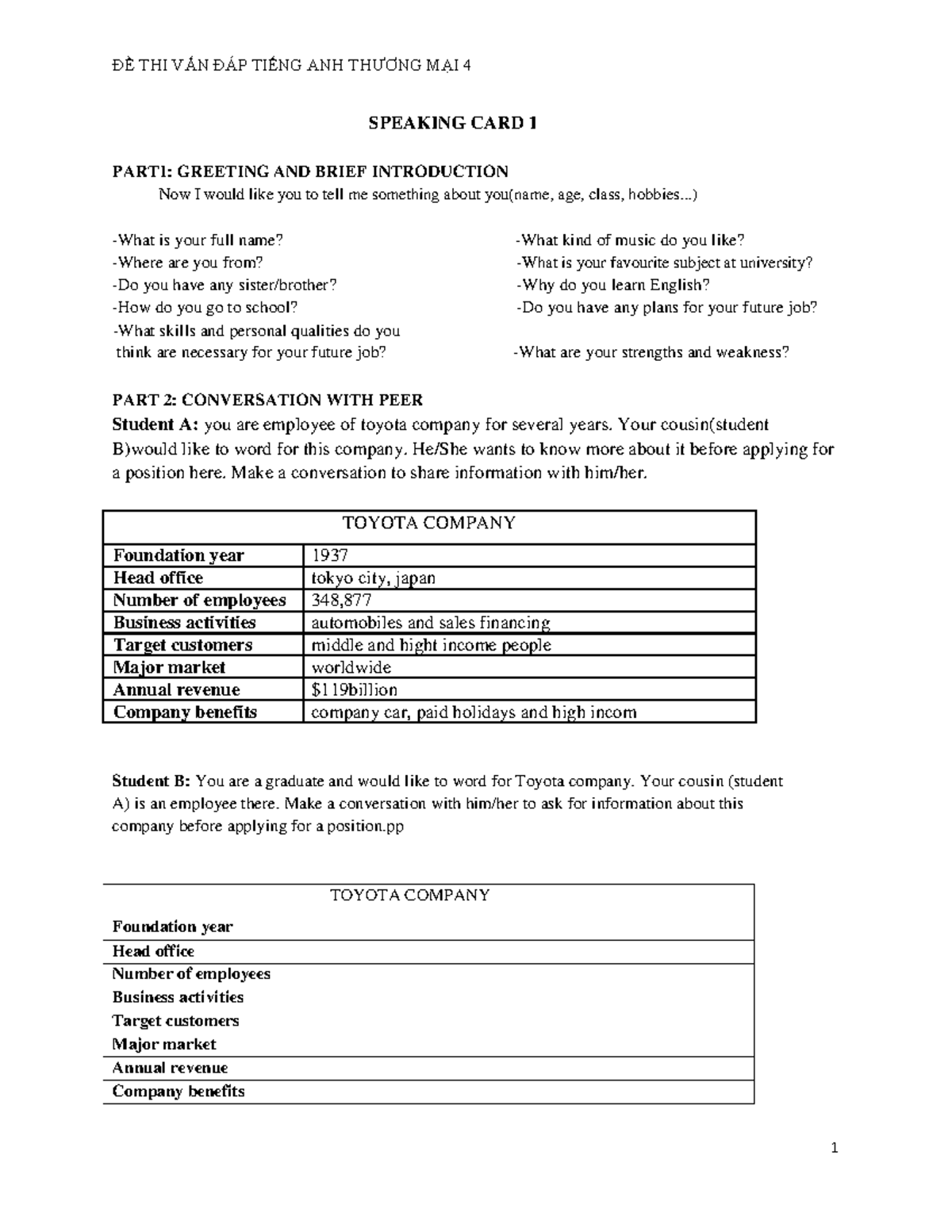 Speaking Card 1 - Conversation & Role-Playing Activities for English ...