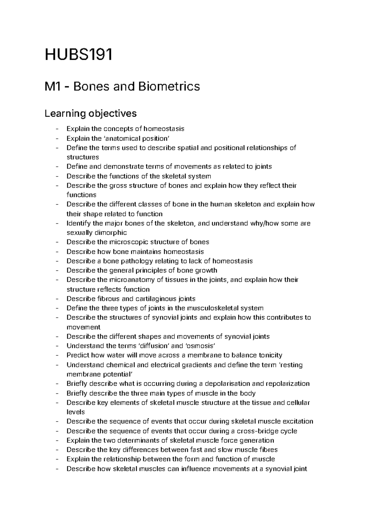 HUBS191 M1 Study Sheet: Bones, Biometrics, and Homeostasis Concepts ...