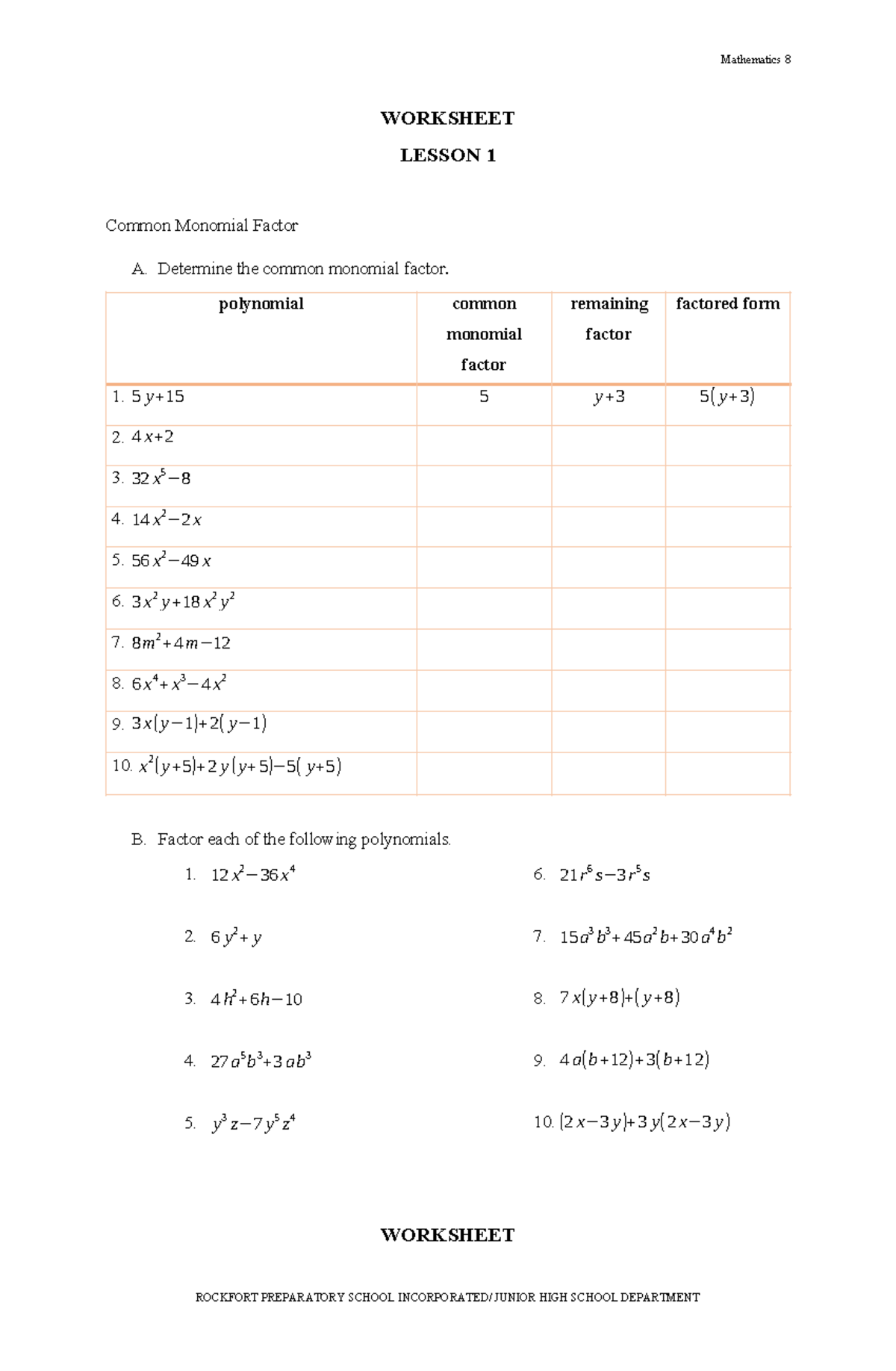 Mathematics 8 Worksheet: Common Monomial Factor & More - Studocu