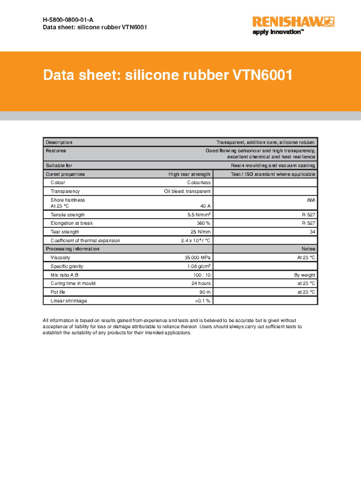Data Sheet: Silicone Rubber VTN6001 - Properties & Processing Info ...