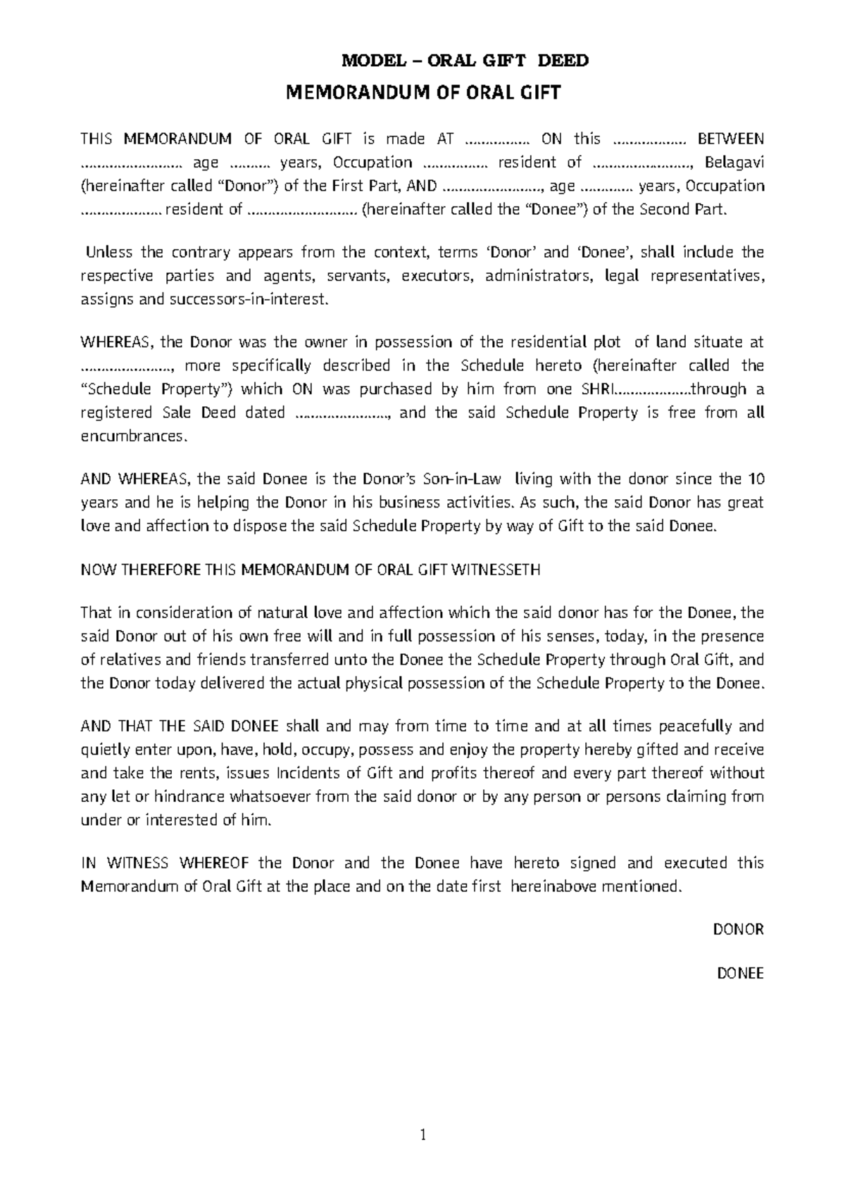 Memorandum of Oral Gift Deed: Legal Framework and Guidelines - Studocu