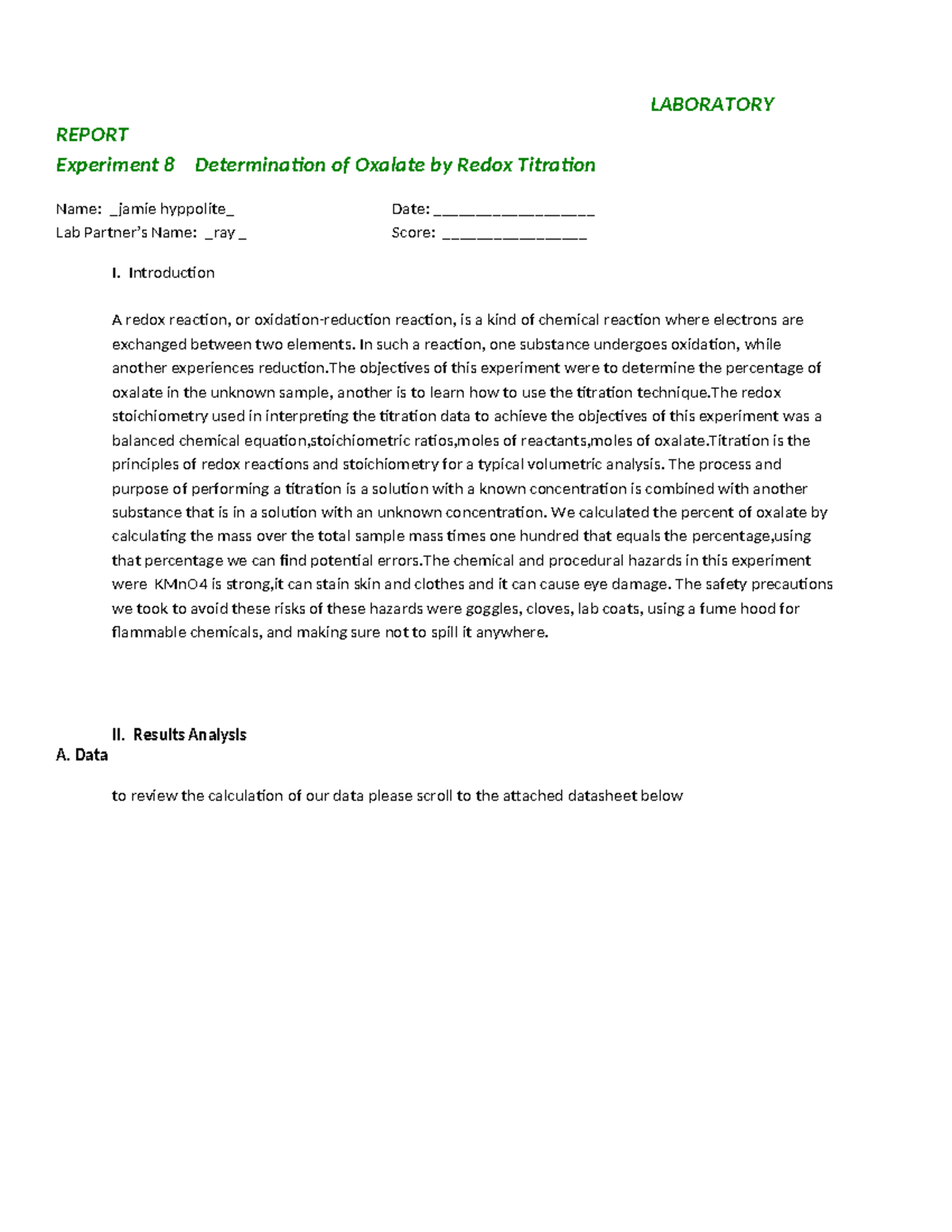 Exp 8: Oxalate Determination via Redox Titration - Sp2021 Lab Report ...