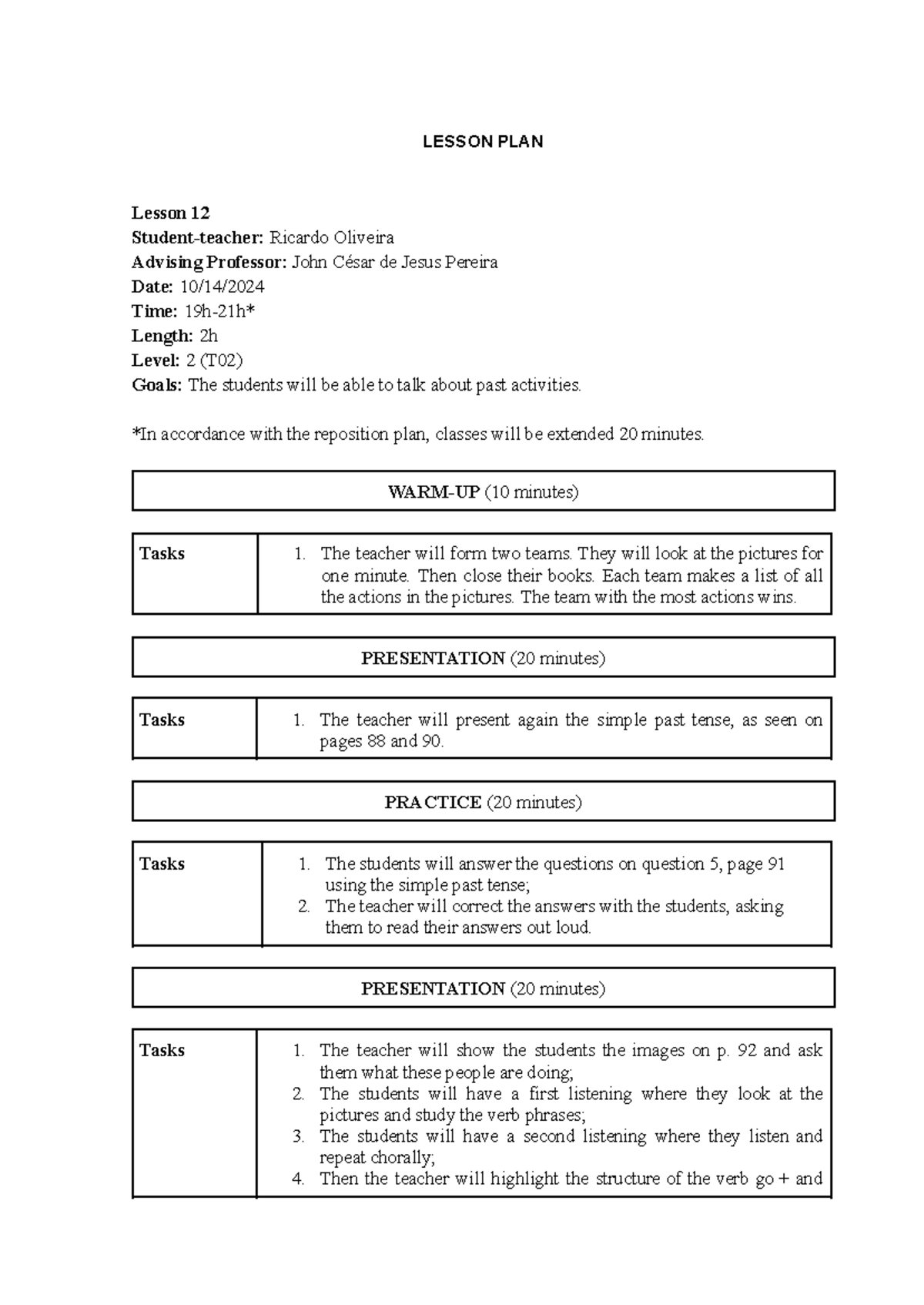 [T02] Lesson 12 Plan: Simple Past Tense Activities & Practice - Studocu