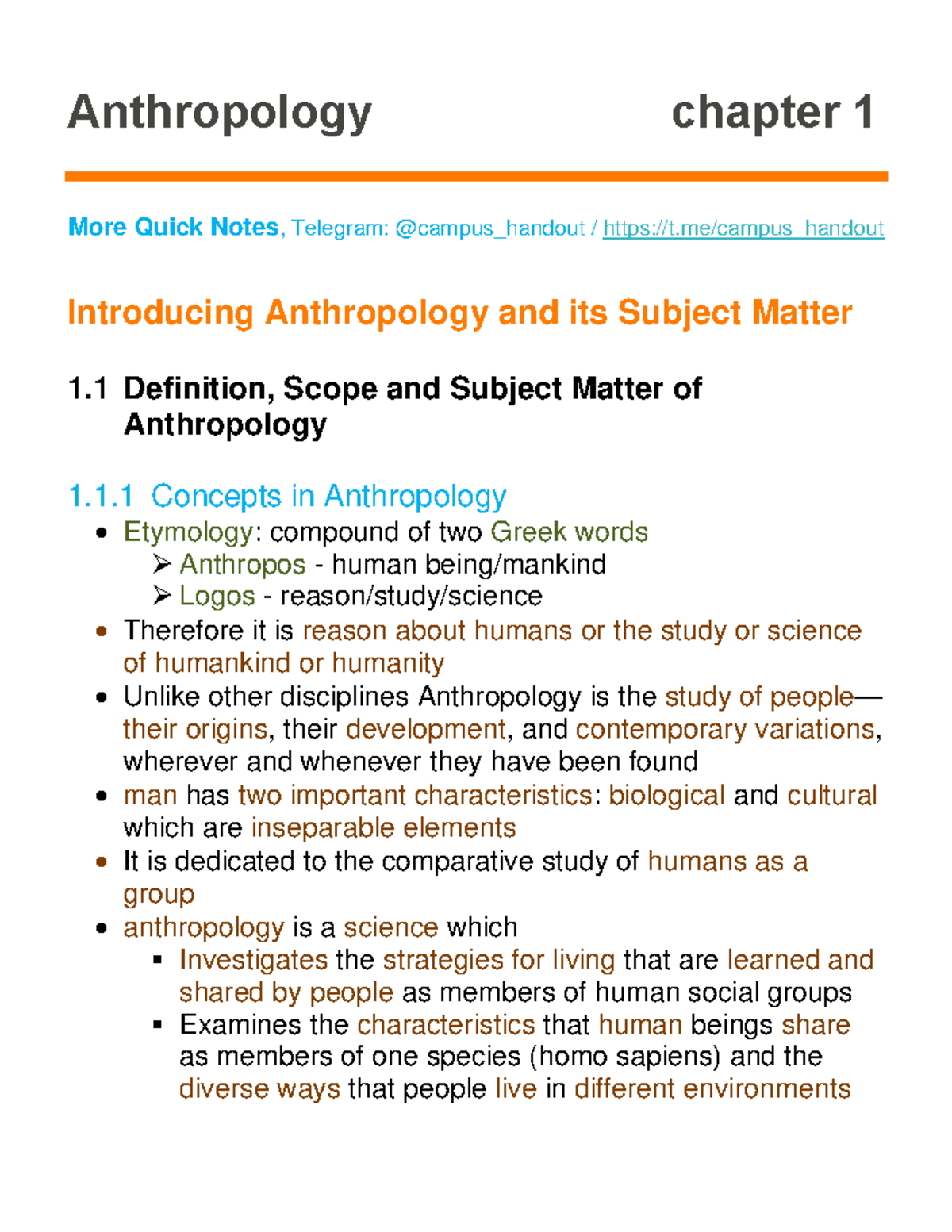 Anthropology 101: Overview and Concepts of Chapter 1 - Studocu