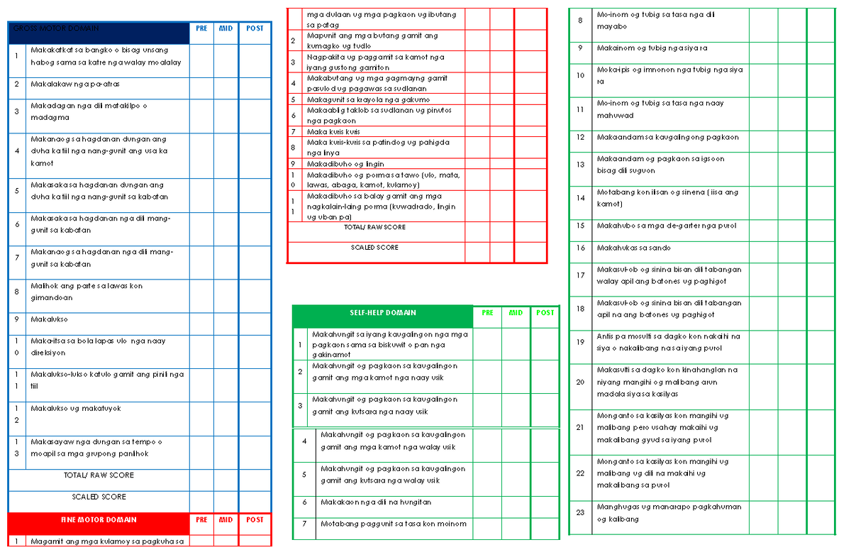 ECD Sinugbuanong Binisaya: Gross & Fine Motor Skills Evaluation - Studocu