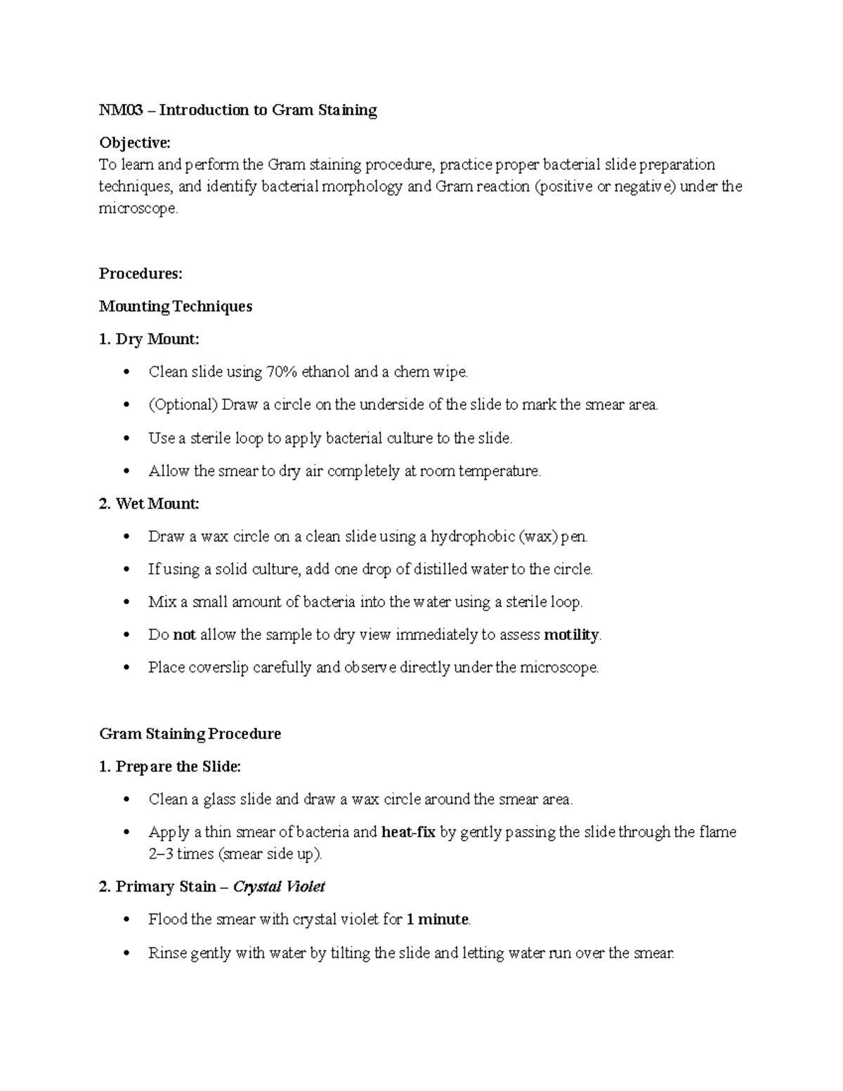NM03 Lab 3: Gram Staining & Culture Techniques Guide - Studocu