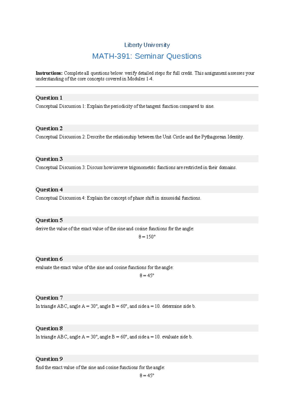Trigonometry Seminar Questions (Course Code: 44292261) - Studocu