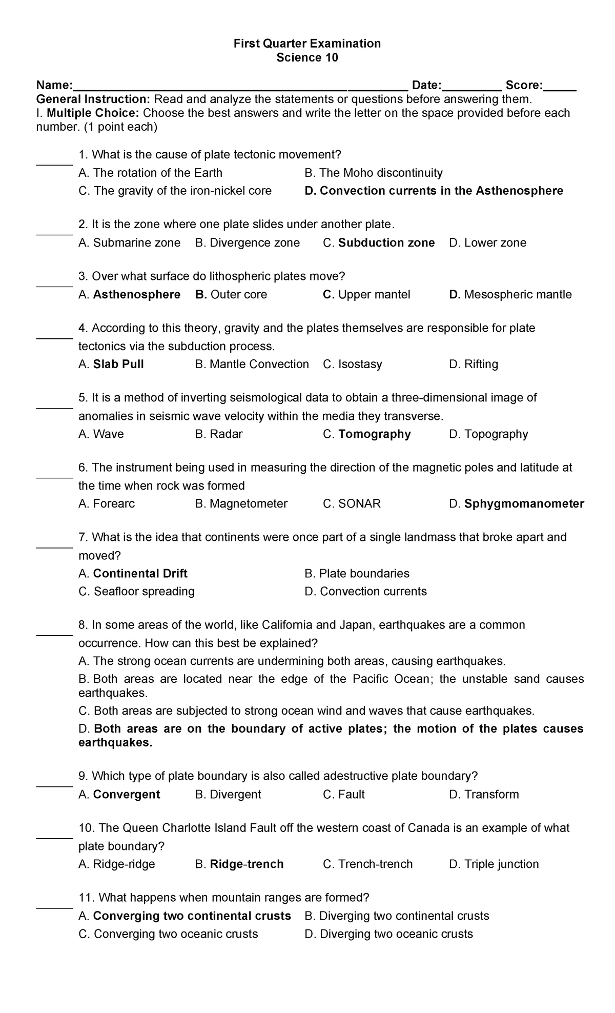 Grade 10 Science EXAM - First Quarter Examination Science 10 - Studocu