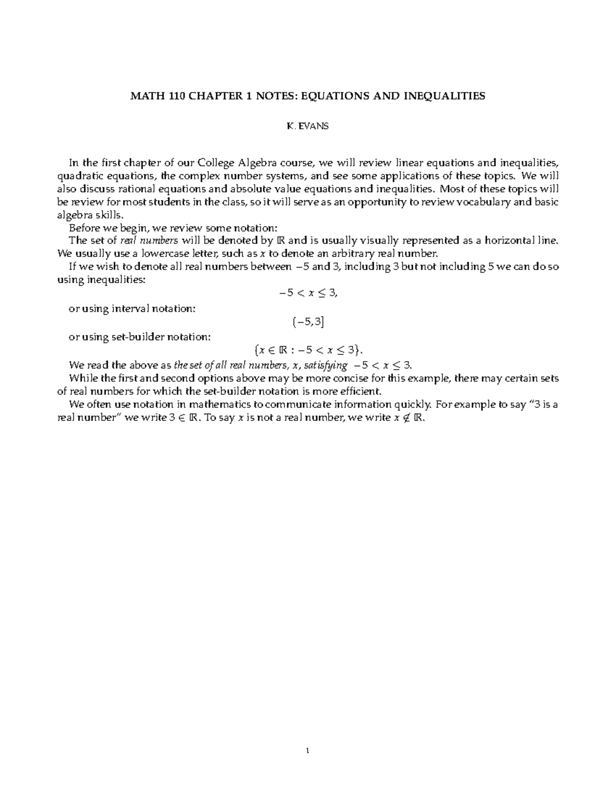 MATH 110 CHAPTER 1 NOTES: EQUATIONS, INEQUALITIES & COMPLEX NUMBERS ...