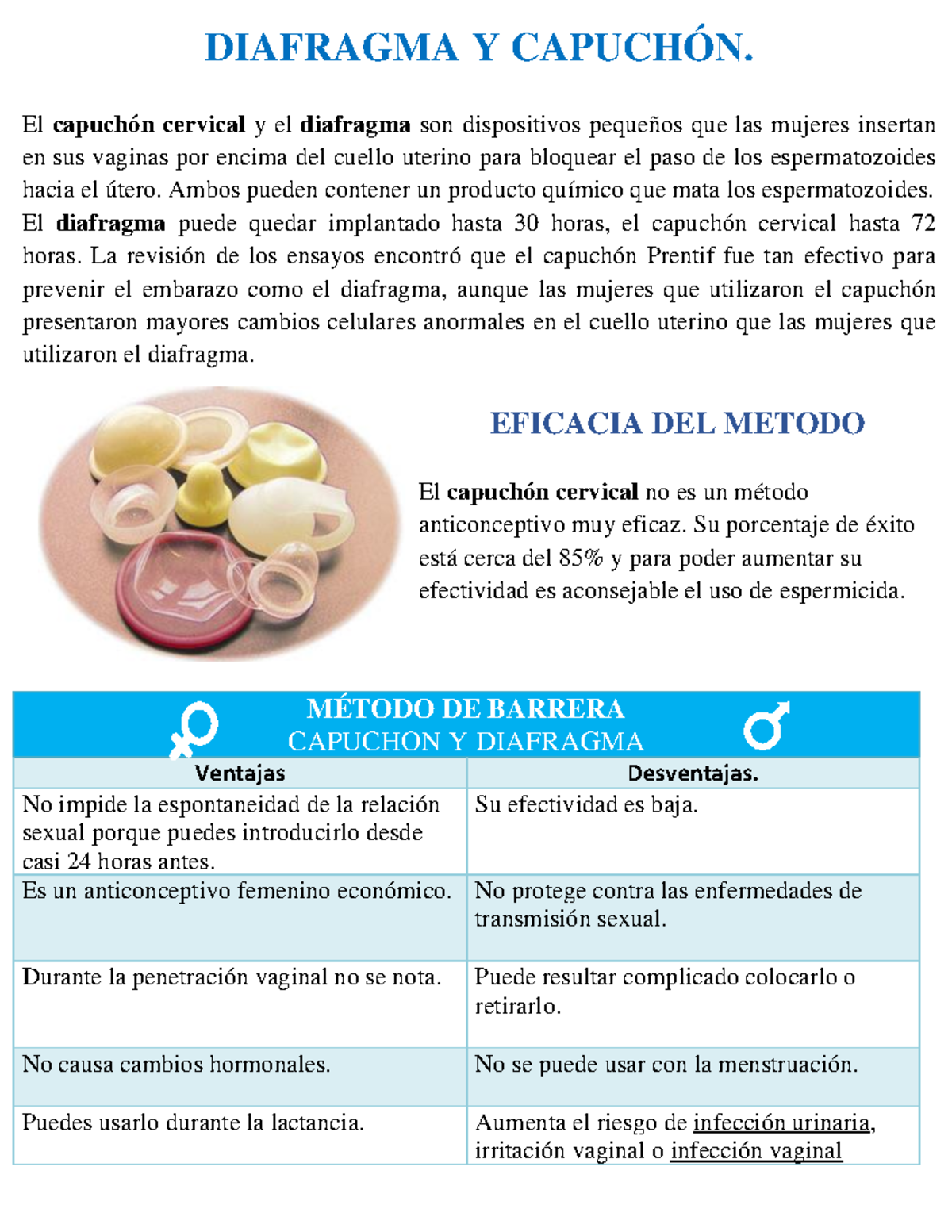 Capuchón Cervical y Diafragma: Resumen de Eficacia y Métodos - Studocu
