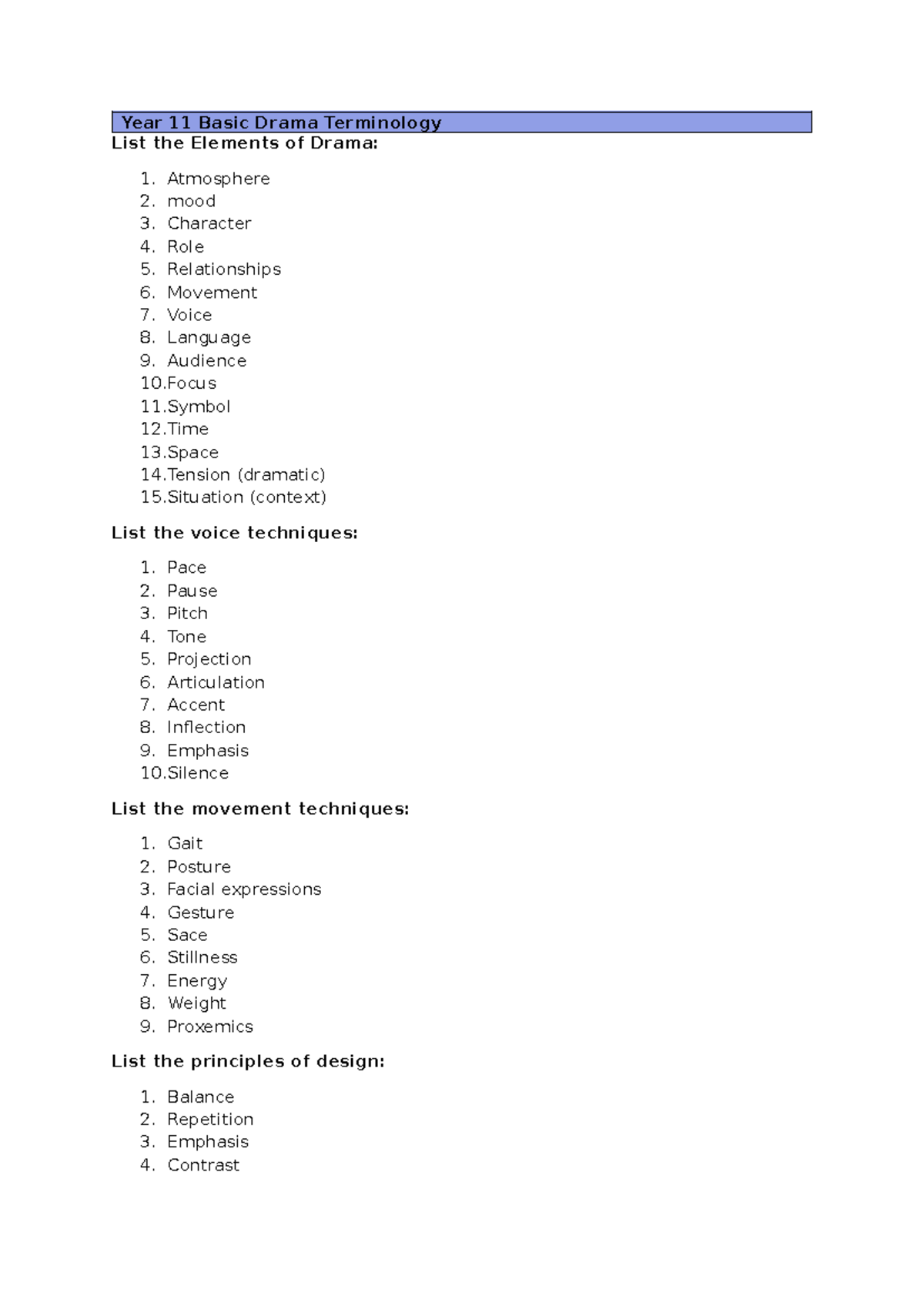 Year 11 Drama Terminology: Key Elements & Techniques Guide - Studocu