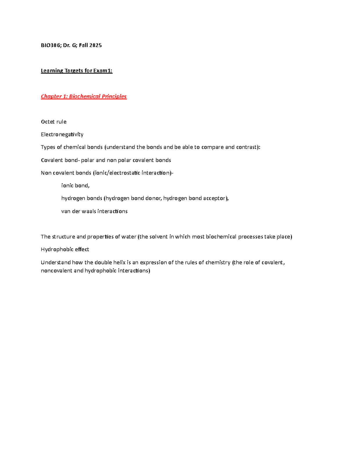 Learning Targets for BIO306 Exam 1: Biochemical Principles & Genetics ...