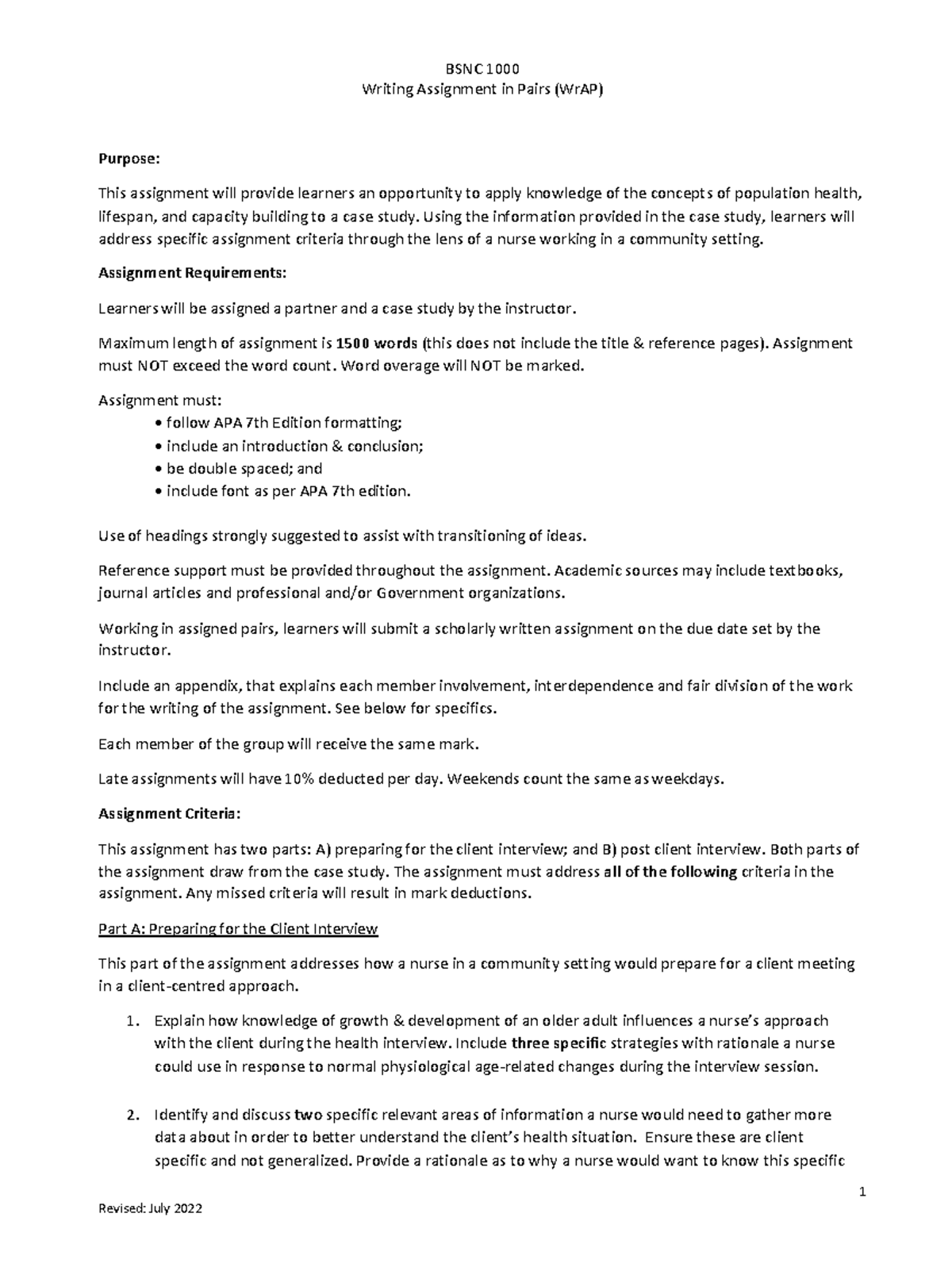 BSNC 1000 Writing Assignment in Pairs: Population Health Case Study ...