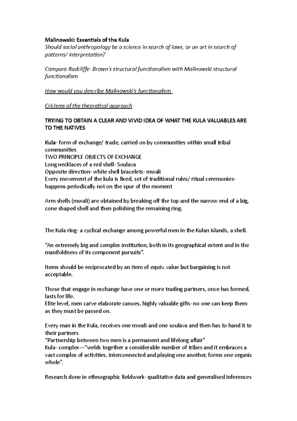 Malinowski's Kula Exchange: Essentials & Functionalism Overview - Studocu