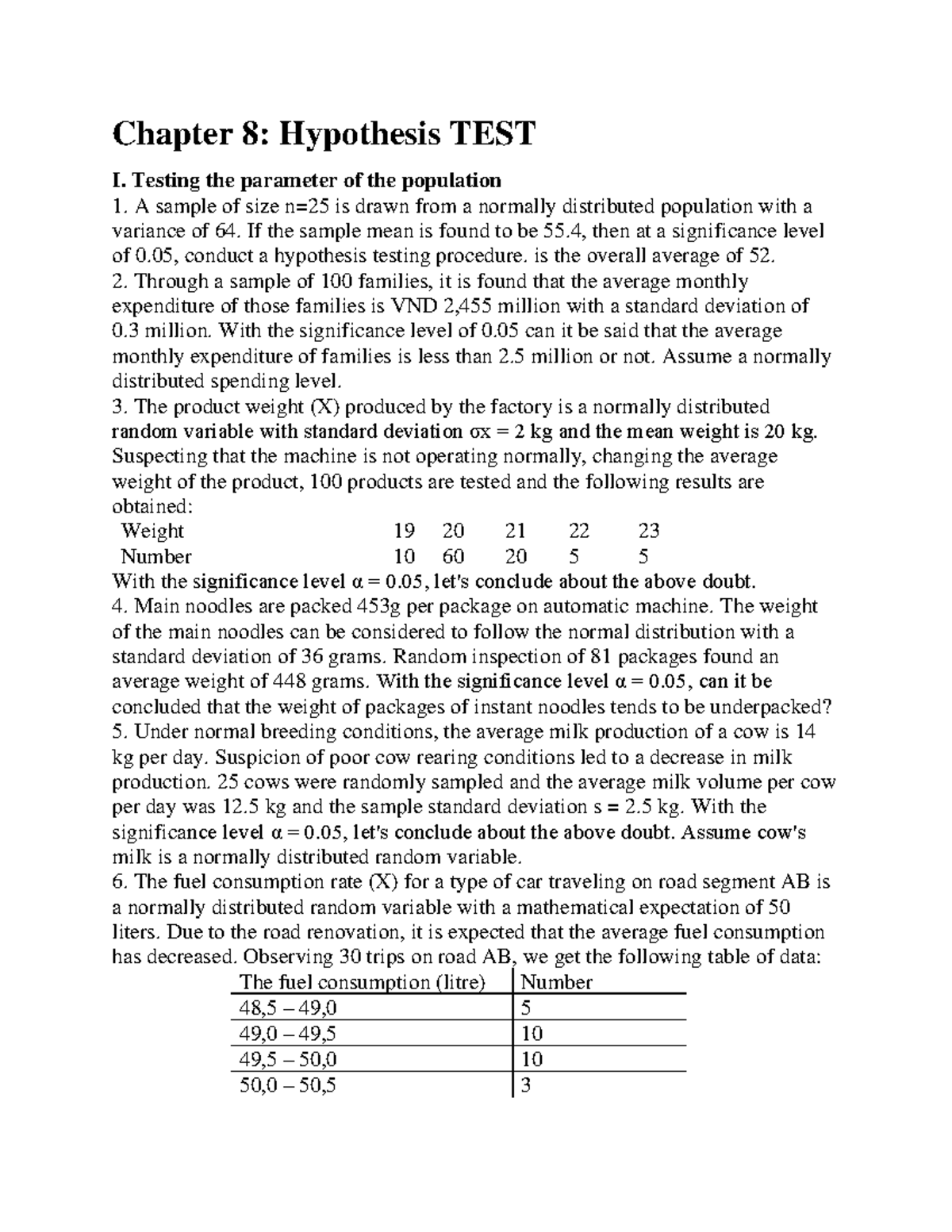 Chapter 6. Exercise Hypothesis Testing - Chapter 8: Hypothesis TEST I ...