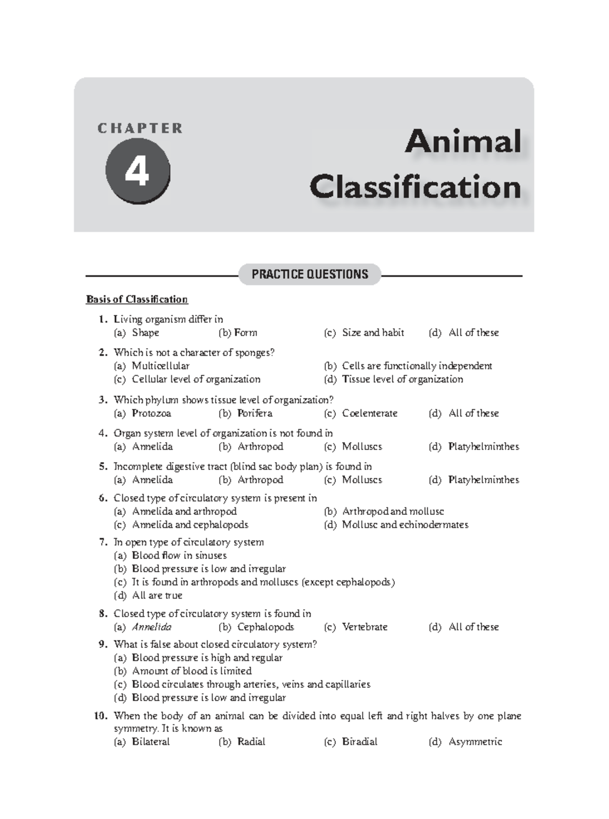 Animal Classification CHAPTER 4 Practice Questions and Answers - Studocu