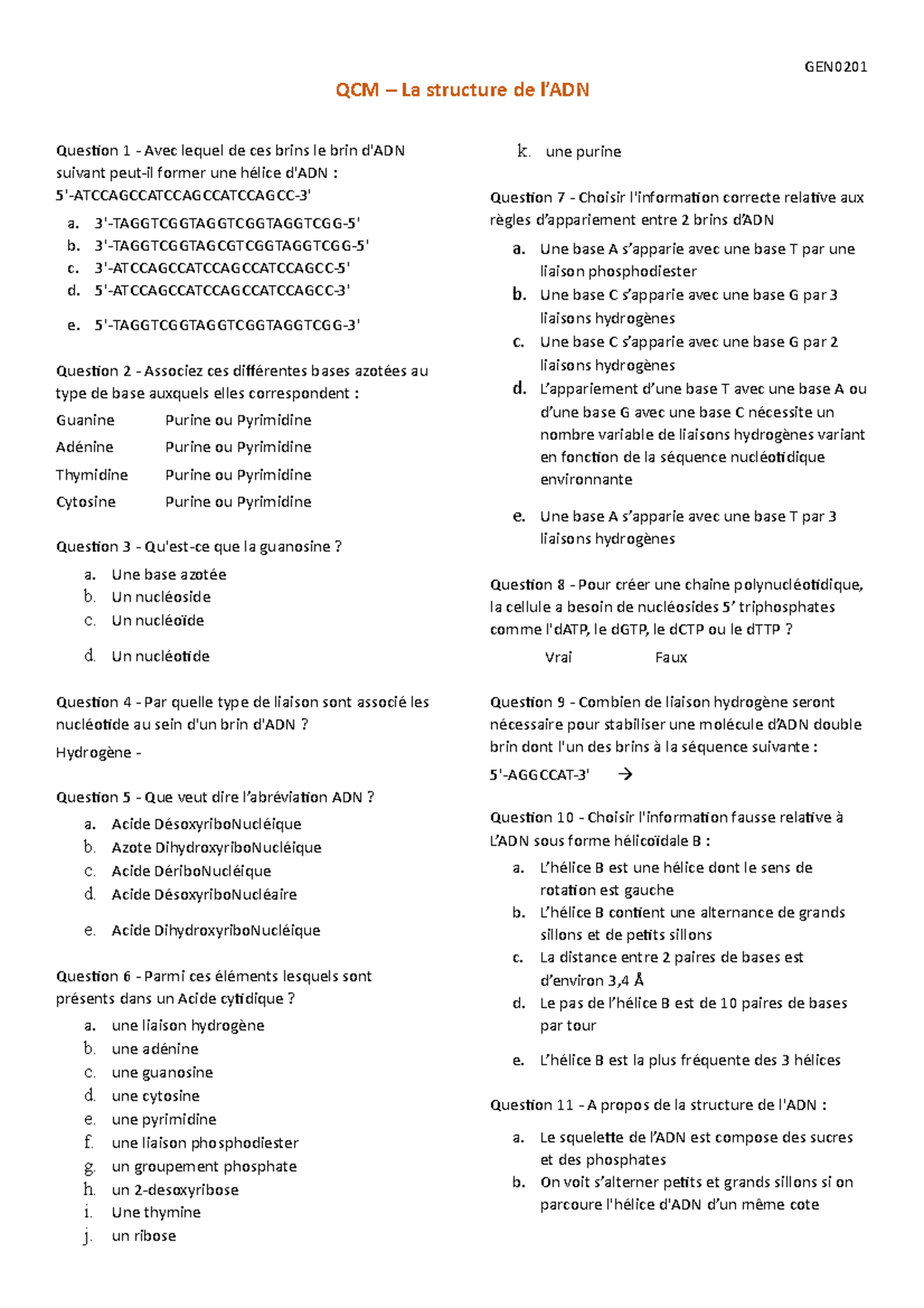QCM sur l'ADN et ses différentes phases - QCM – La structure de l’ADN ...