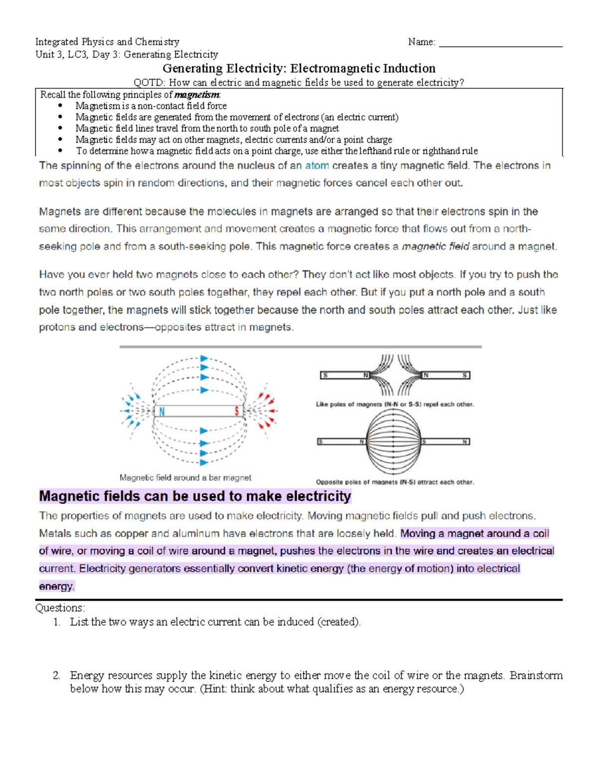 Integrated Physics and Chemistry Unit 3, LC3: Generating Electricity ...