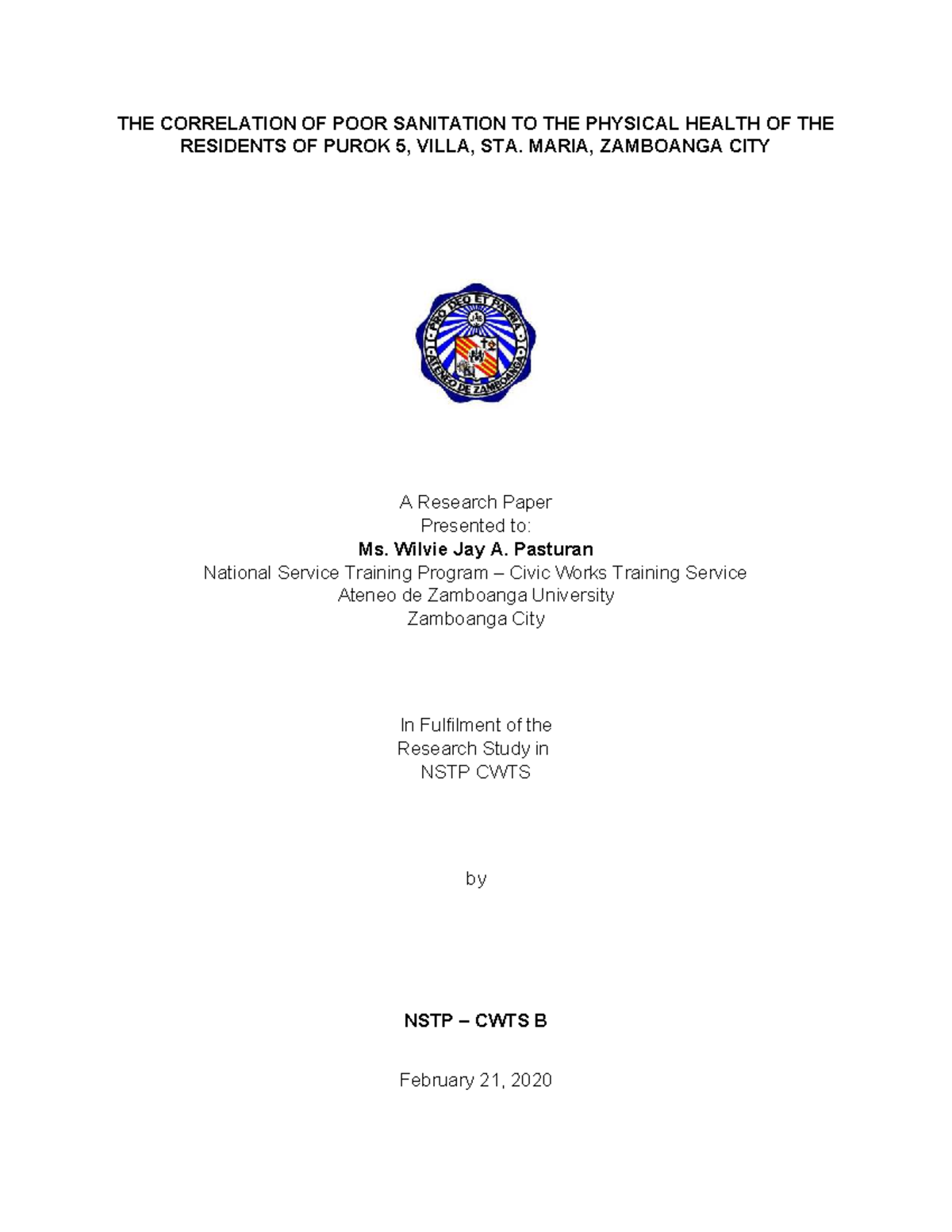NSTP CWTS Research Paper: Correlation of Poor Sanitation & Health in ...