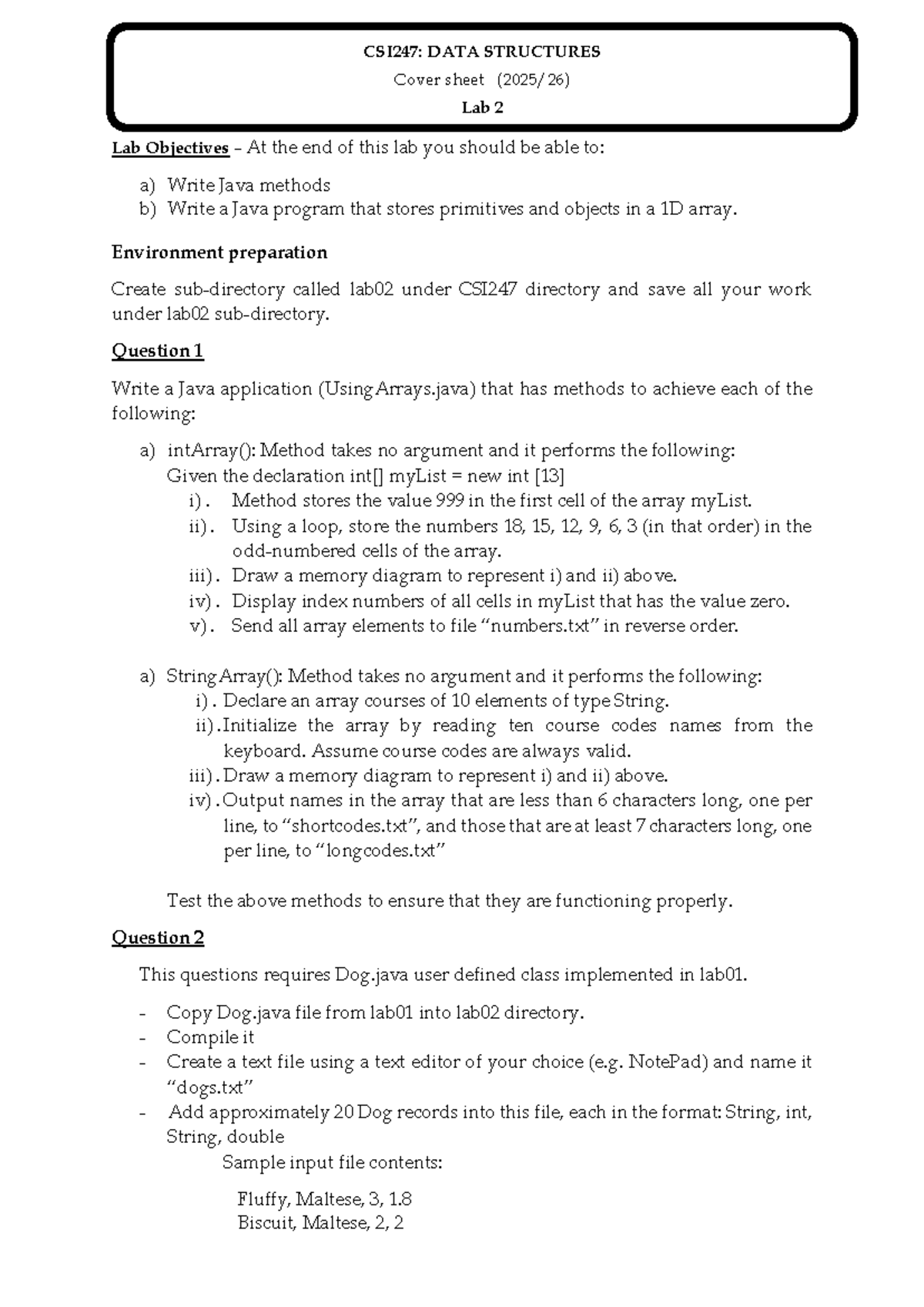 CSI247: Data Structures Lab 2 - Java Arrays and Methods - Studocu