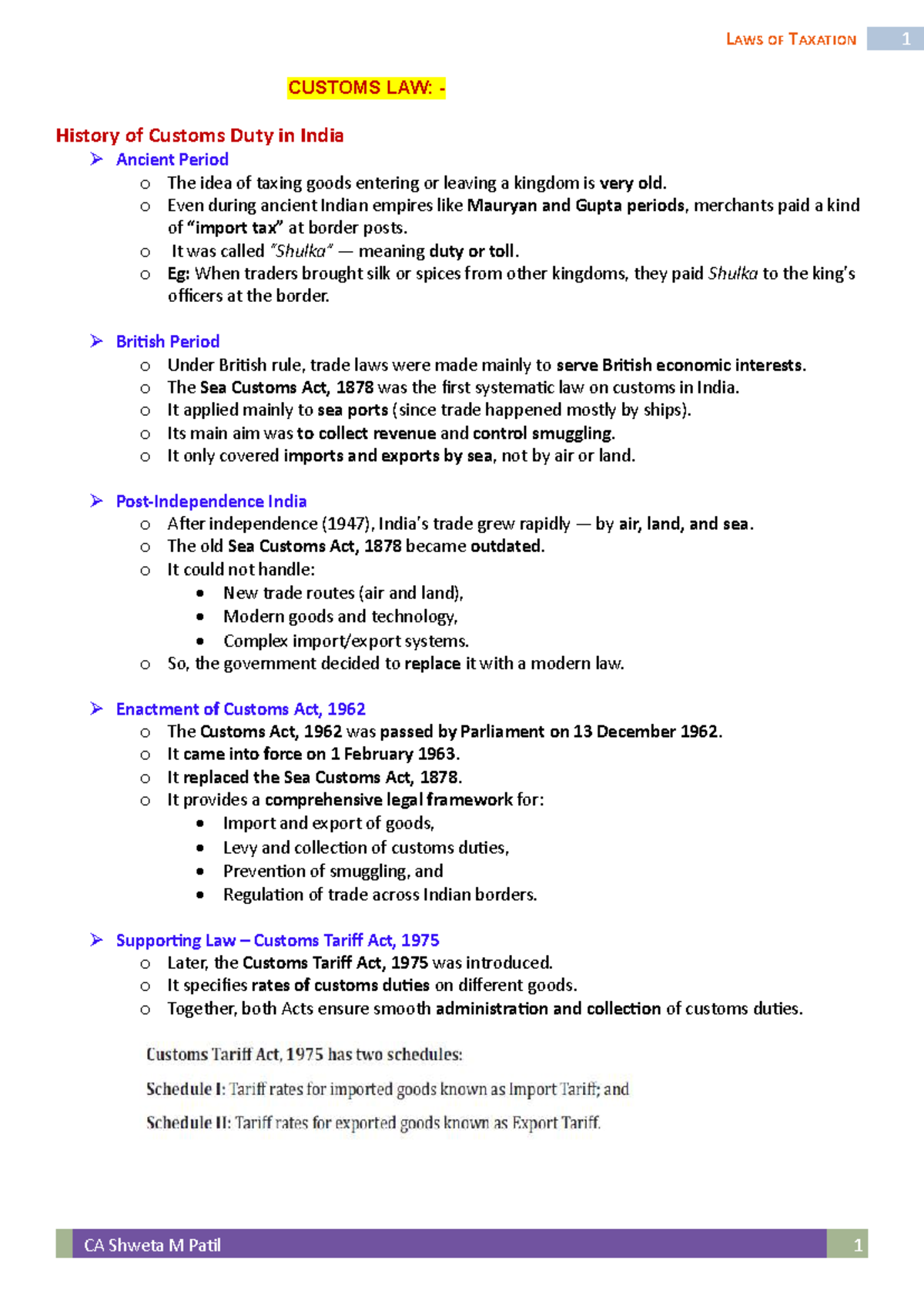 LAWS OF TAXATION: History and Types of Customs Duty in India - Studocu