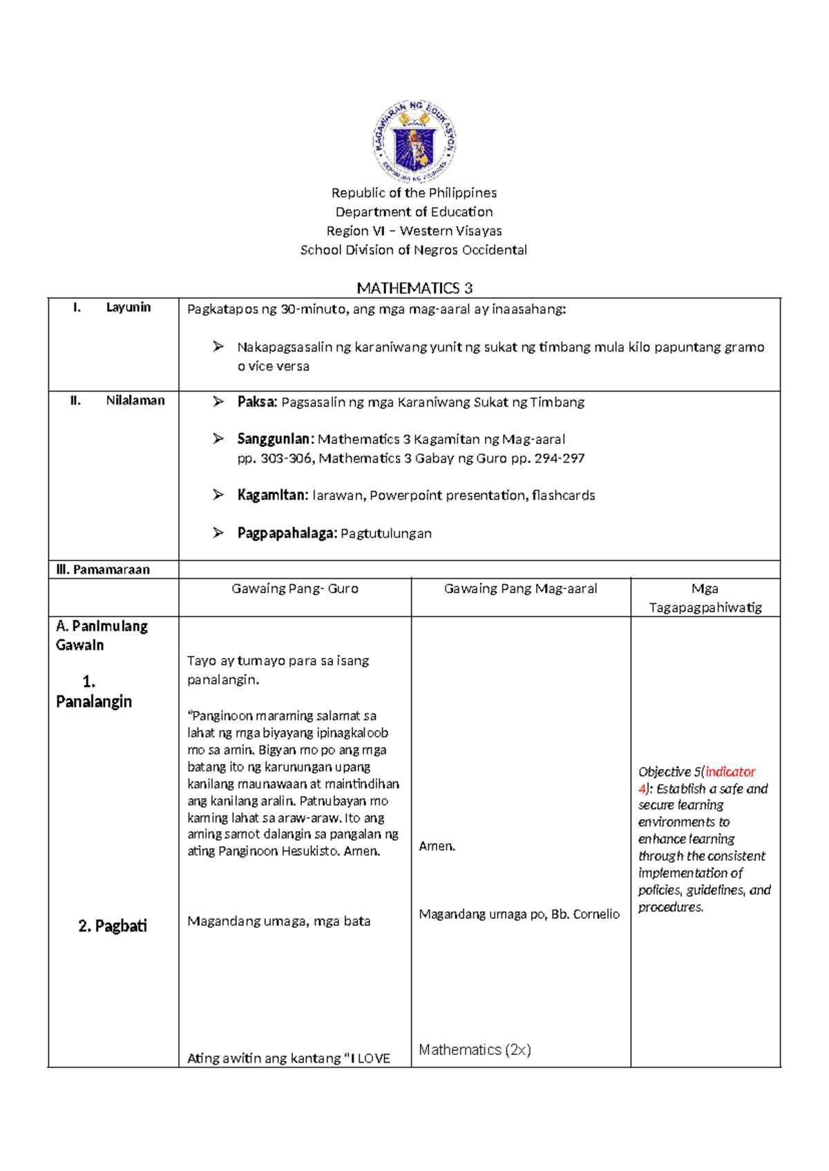 Detailed Lesson Plan for MATHEMATICS 3: Weight Conversion Activities ...