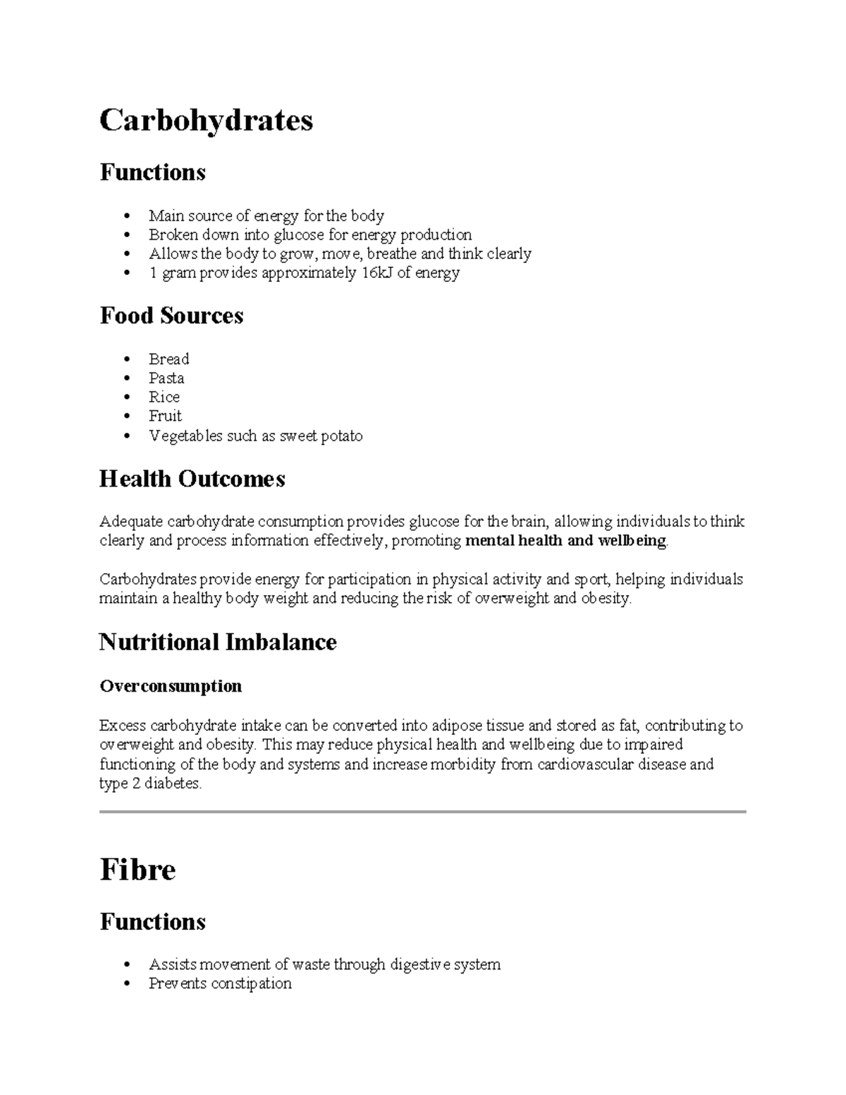 Carbohydrates Functions and Food Sources - Notes for HLT 101 - Studocu
