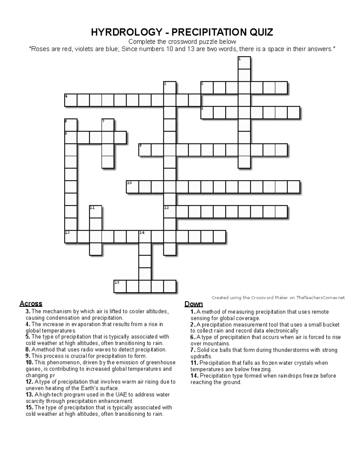 HYDROLOGY PRECIPITATION QUIZ Crossword Puzzle Challenge - Studocu