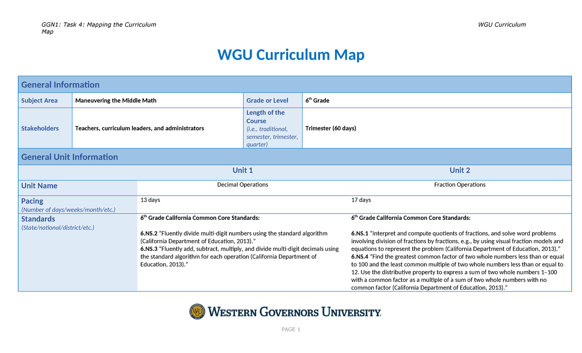 GGN1: Task 4 - Curriculum Mapping for 6th Grade Math Units - Studocu