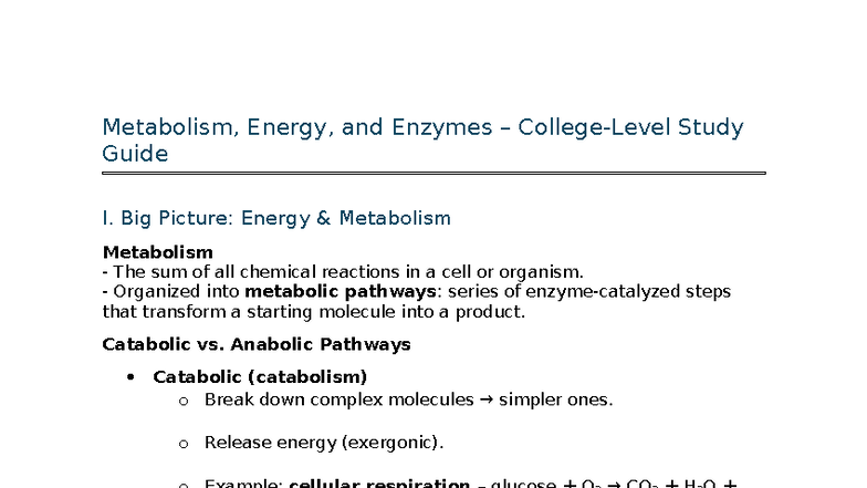 Metabolism, Energy, and Enzymes Study Guide I: Key Concepts and ...