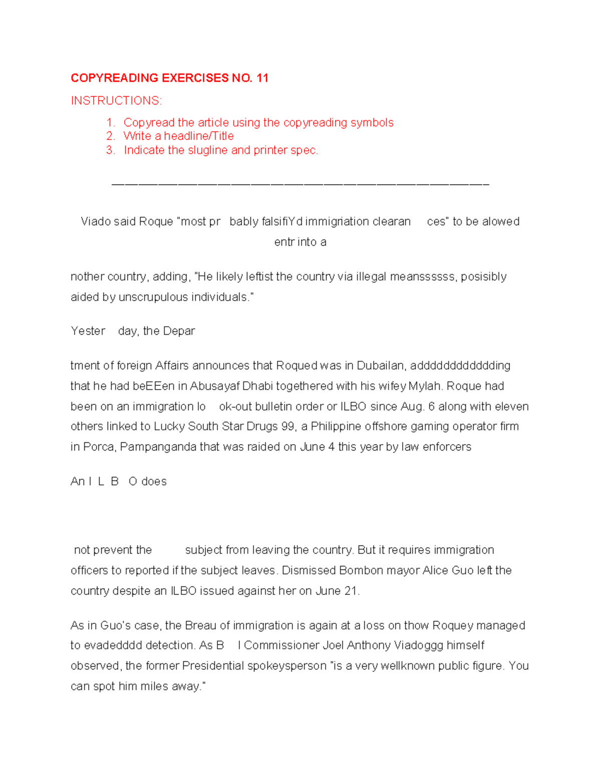 Copyreading Exercises No. 11: Article Review & Symbol Usage - Studocu