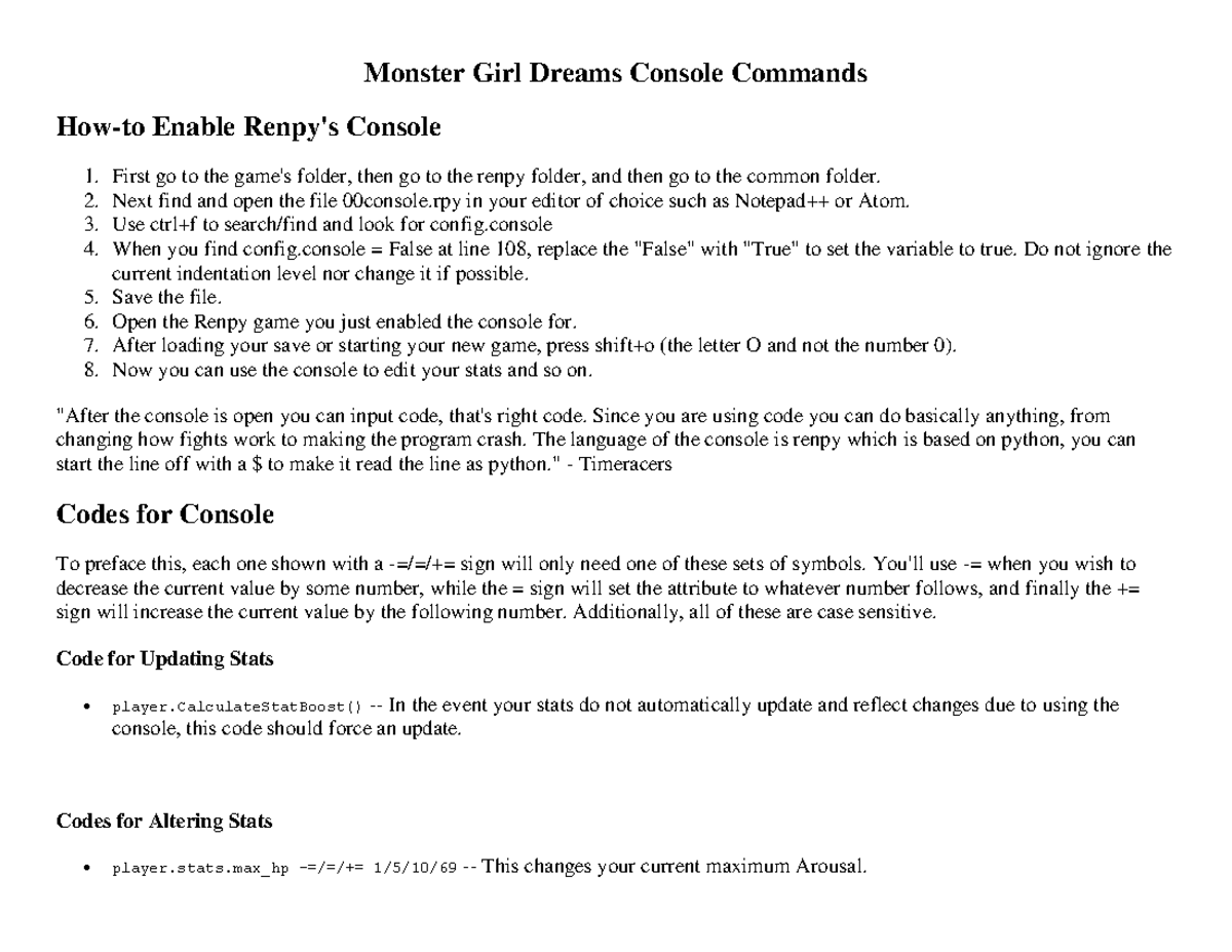 Monster Girl Dreams Console Commands Guide: Enabling & Using - Studocu