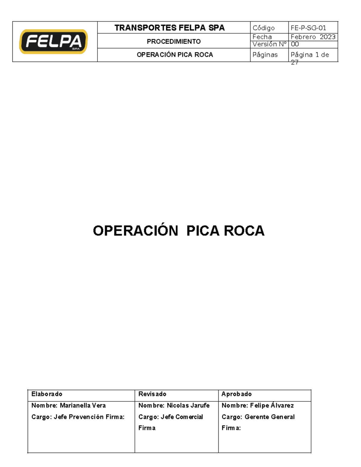 Procedimiento Operativo de la Operación PICA ROCA - Feb 2023 - Studocu