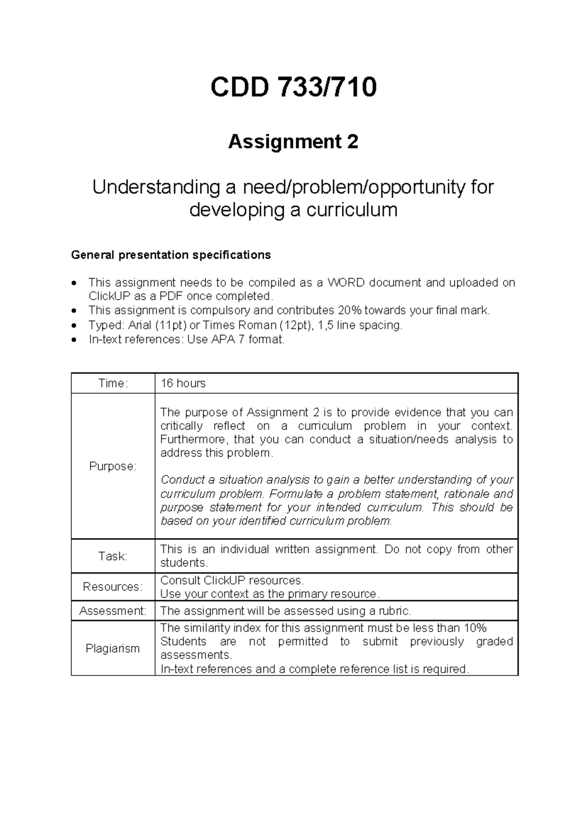 CDD 733: Assignment 2 - Situational Analysis for Curriculum Development ...