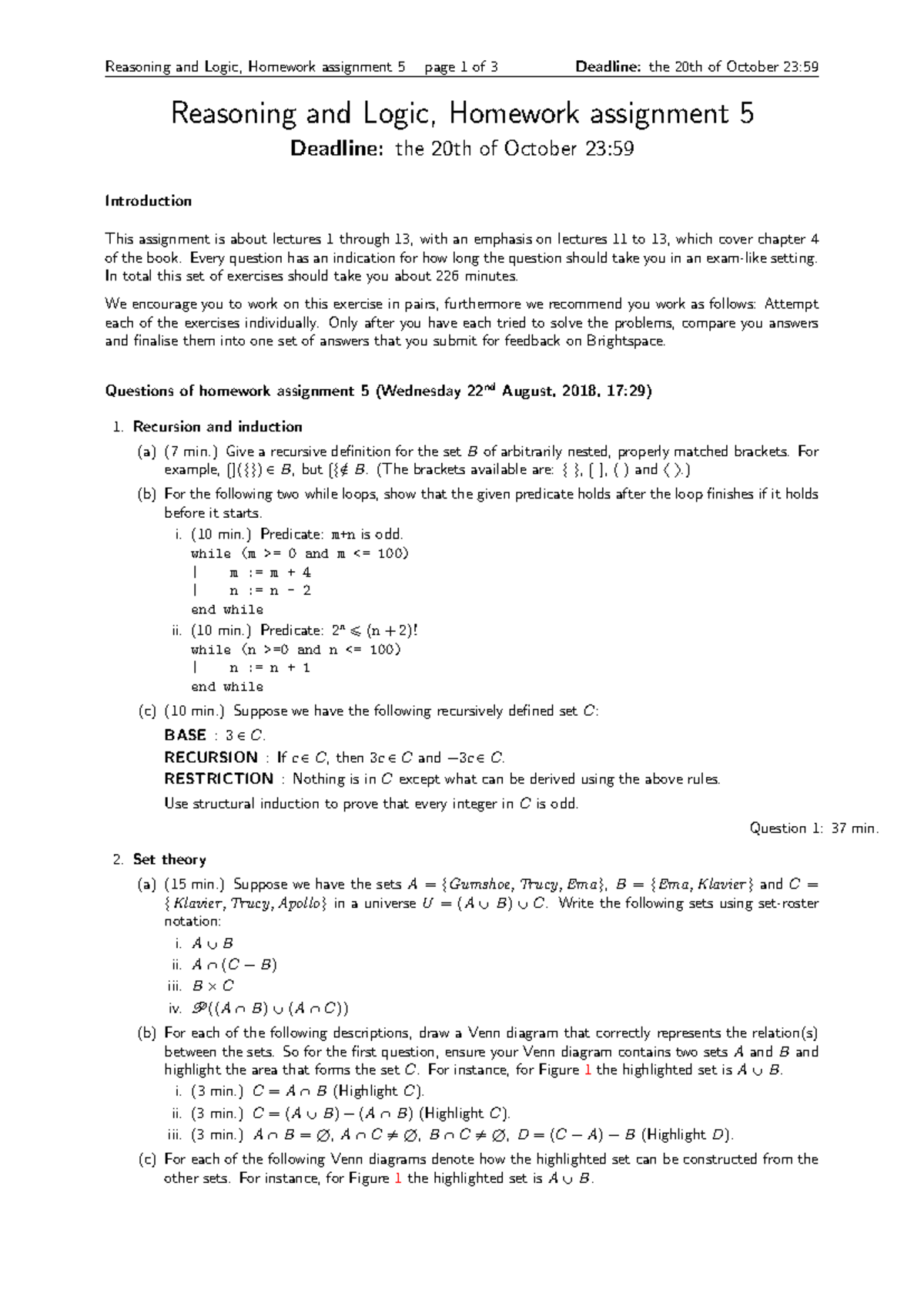 Reasoning and Logic, Homework 5: Exercises on Logic & Set Theory ...