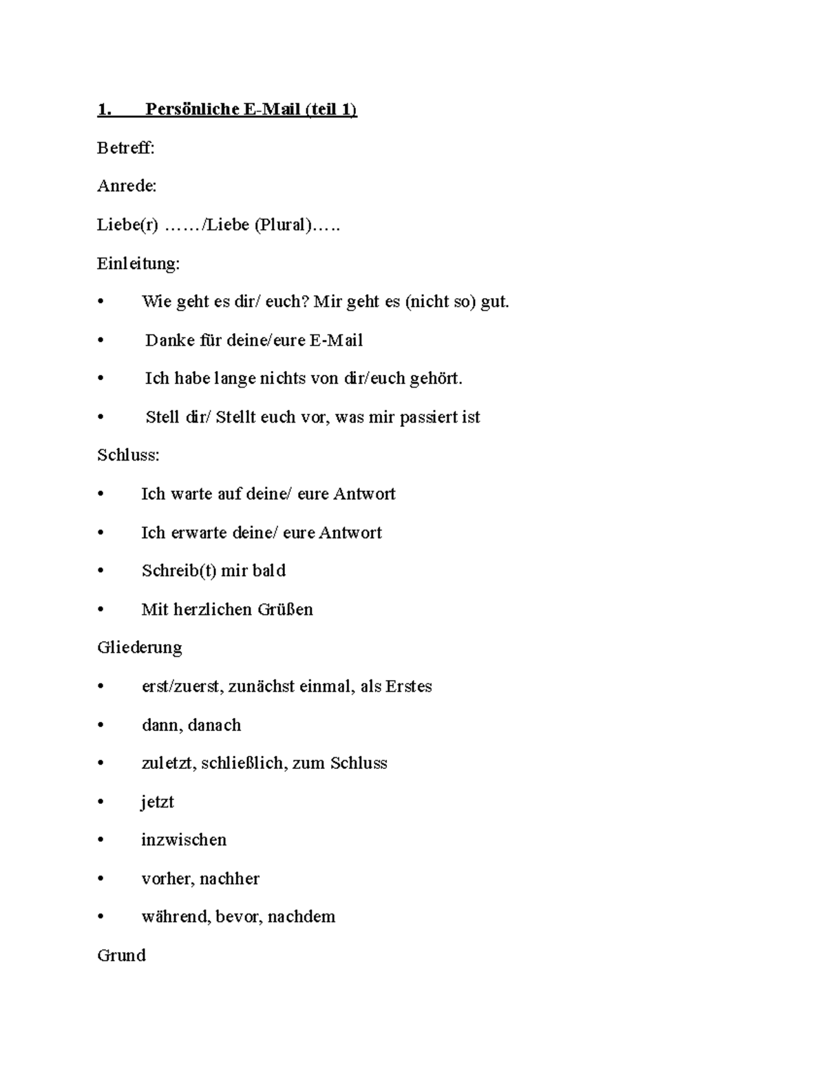 B1. Schreiben - Persönliche E-Mail (teil 1) Betreff: Anrede: Liebe(r ...