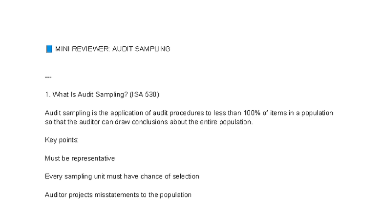 MINI REVIEWER: AUDIT SAMPLING (ISA 530) Key Concepts & Techniques - Studocu