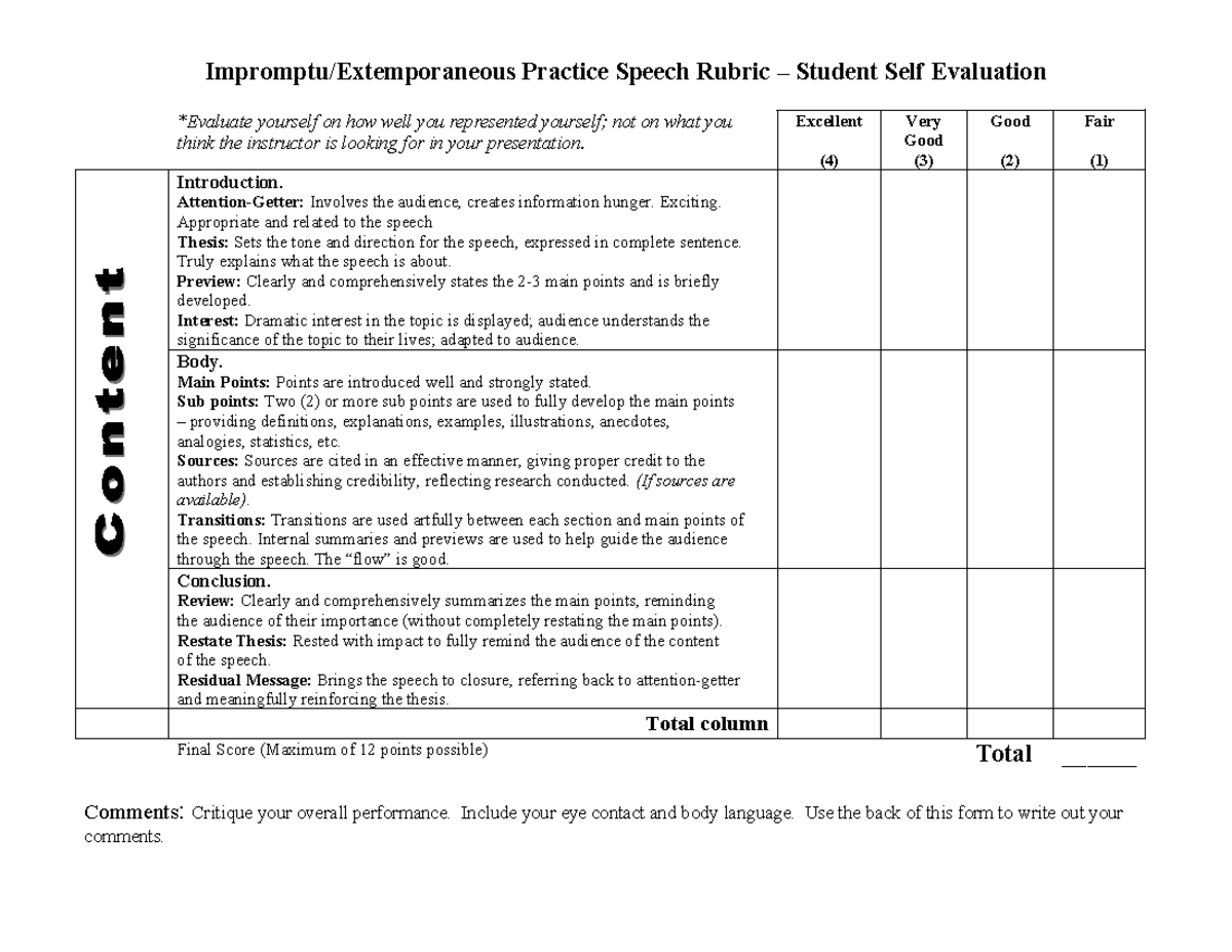 Impromptu Speech Self Evaluation Rubric for Student Performance - Studocu