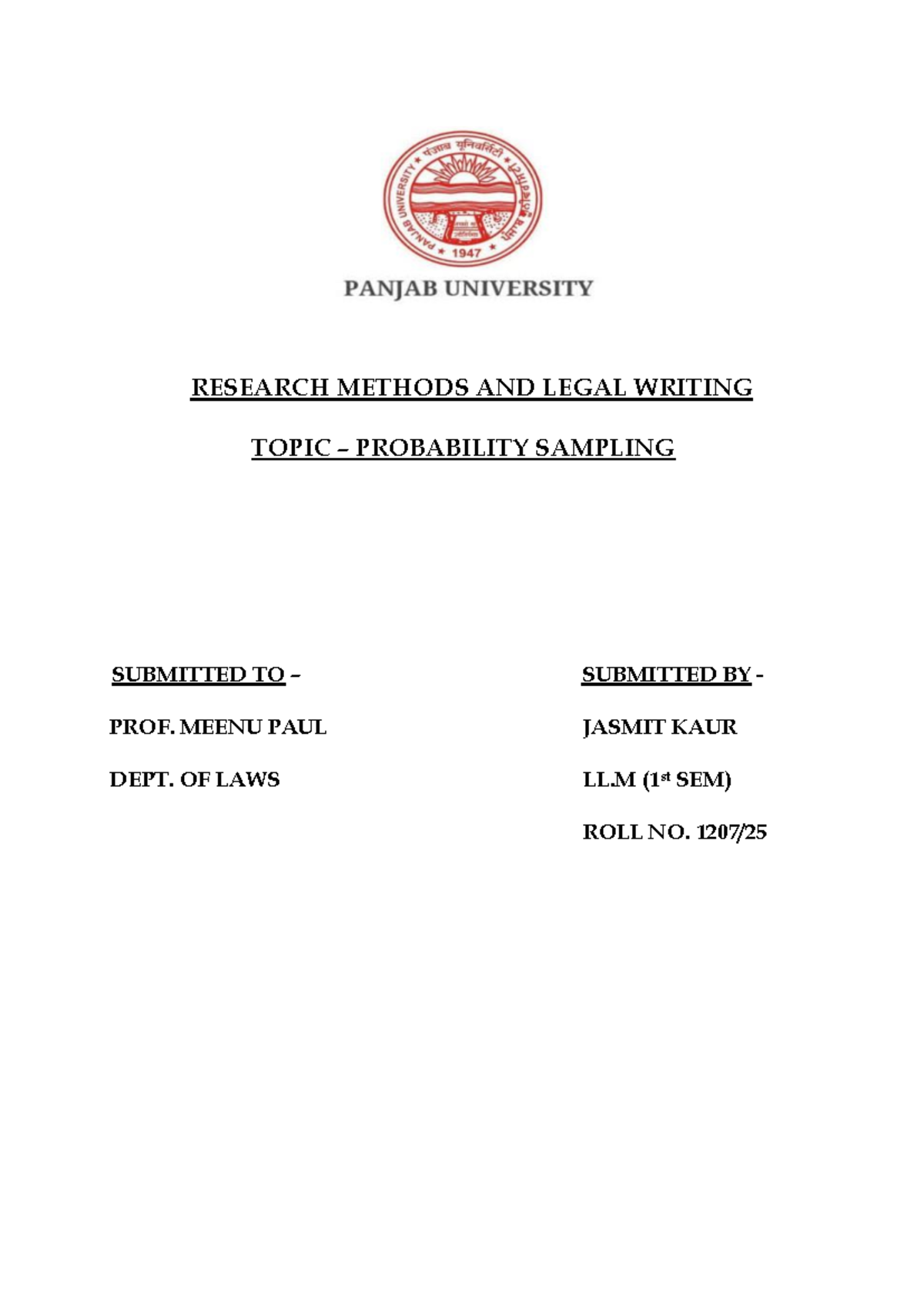 LL.M (1st Sem) Research Methods: Probability Sampling Insights - Studocu