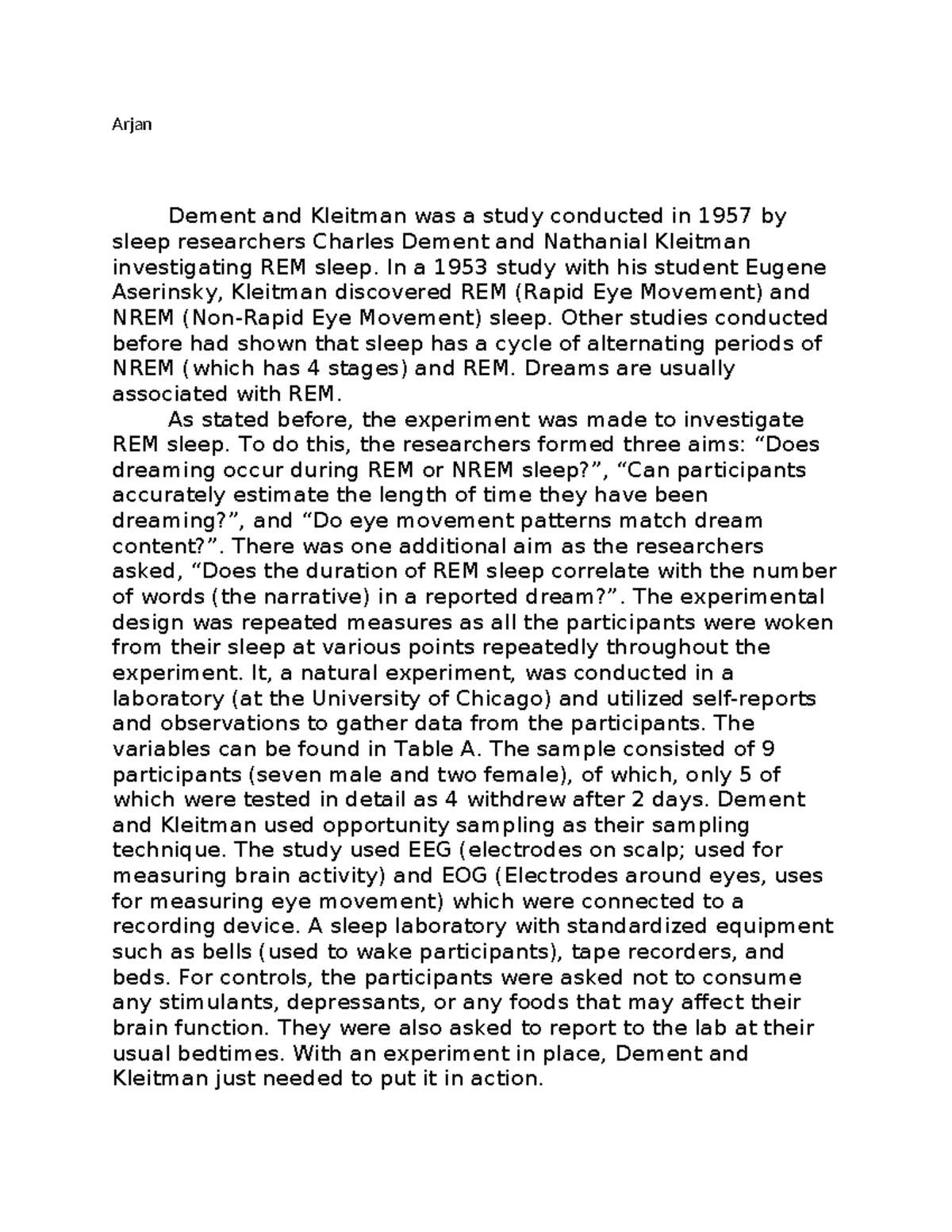 Dement and Kleitman Study (1957): Insights on REM Sleep Dynamics - Studocu