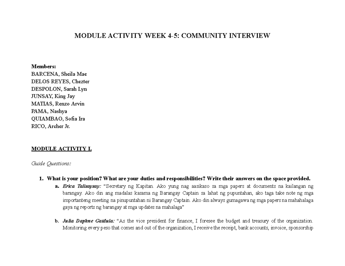 MODULE ACTIVITY: COMMUNITY INTERVIEW REFLECTIONS AND LEADERSHIP STYLES ...